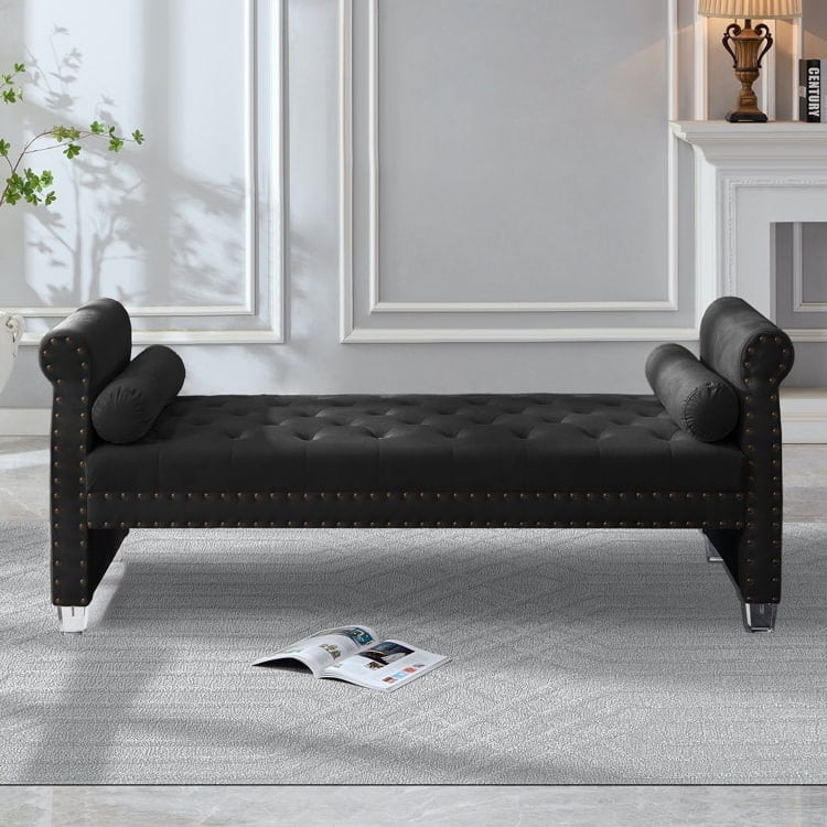 Tiffiany Luxury Tufted Velvet Upholstered Extra Long Bed Bench Black ...