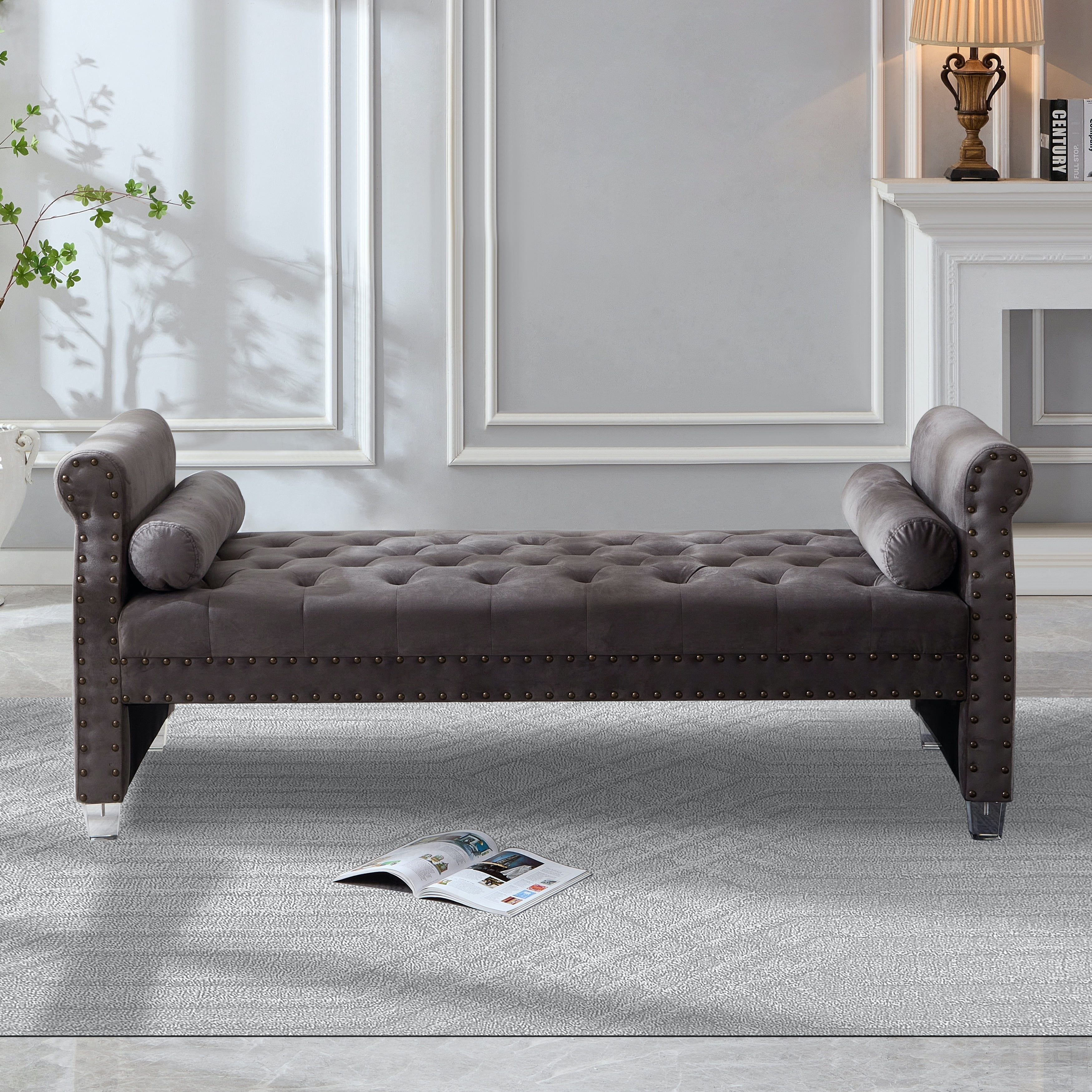 Tiffiany Luxury Tufted Velvet Upholstered Extra Long Bed Bench Grey ...