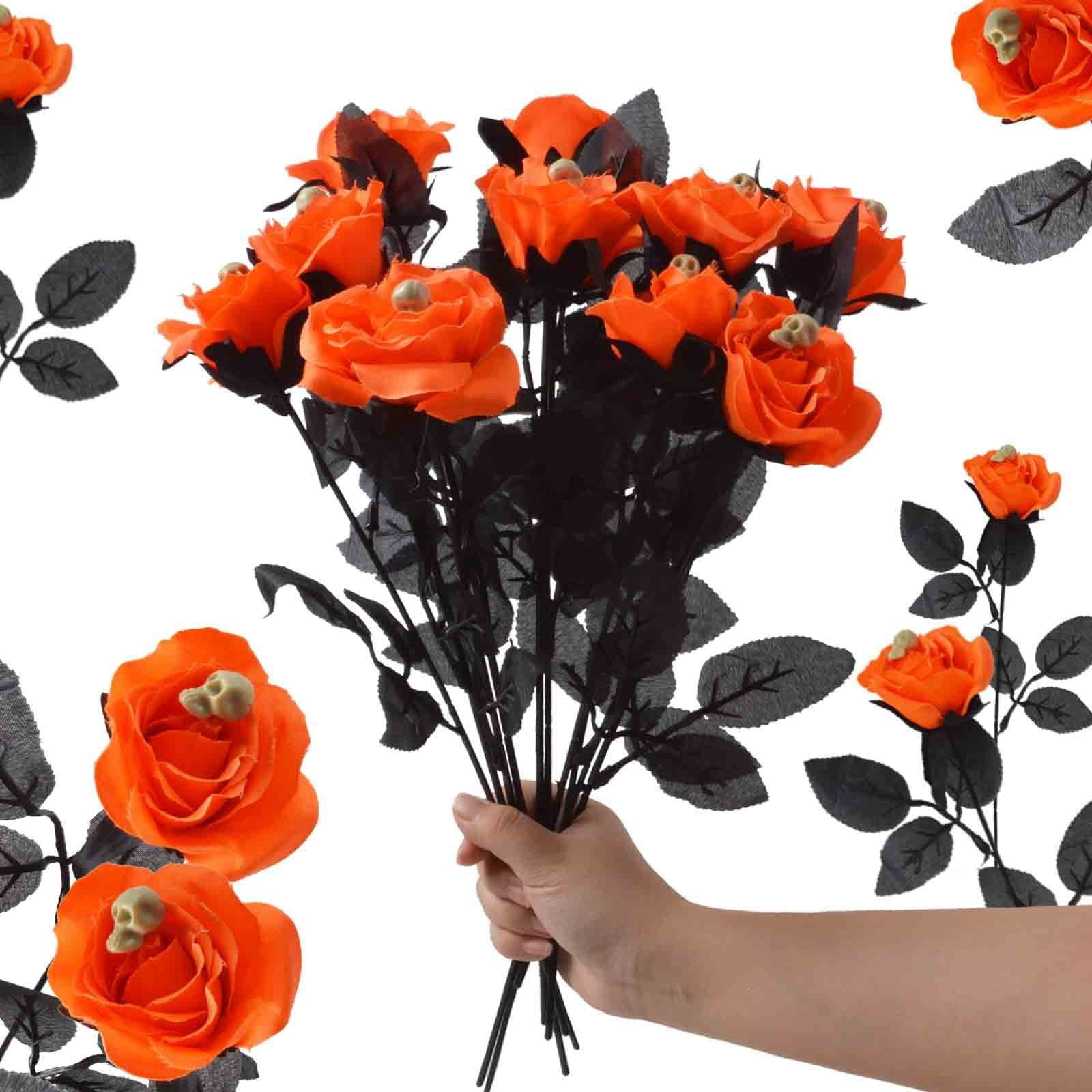 Tigeen 10 Pcs Halloween Orange Faux Rose Artificial Flowers, Skull ...