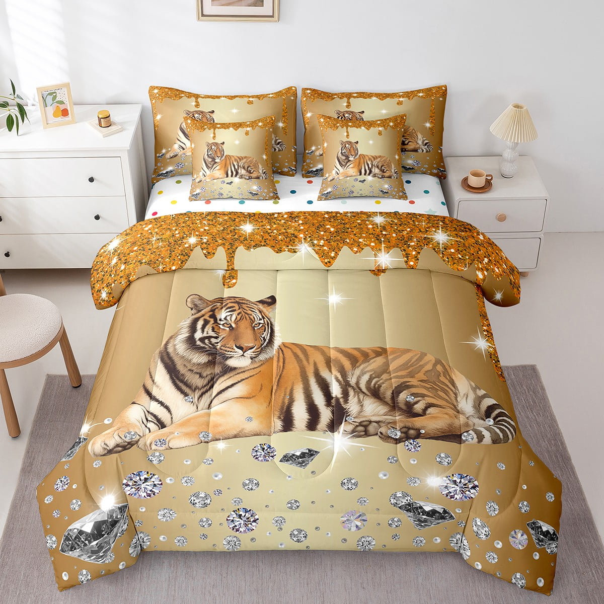 Tiger 7 Piece Comforter Set Full Bed in a Bag,Orange Sequin Fluid Art ...