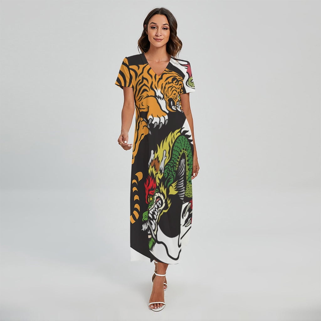 Tiger And Dragon Yin Yang Printed Short Sleeve Maxi Dress, Dragons ...