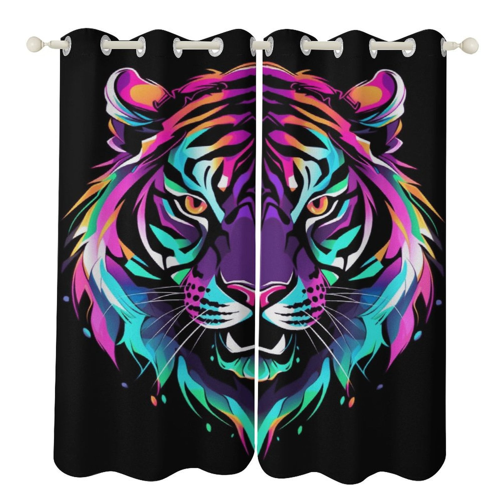 Tiger Animal Graffiti 2 Panel Curtain Set, Watercolor Painting Window ...