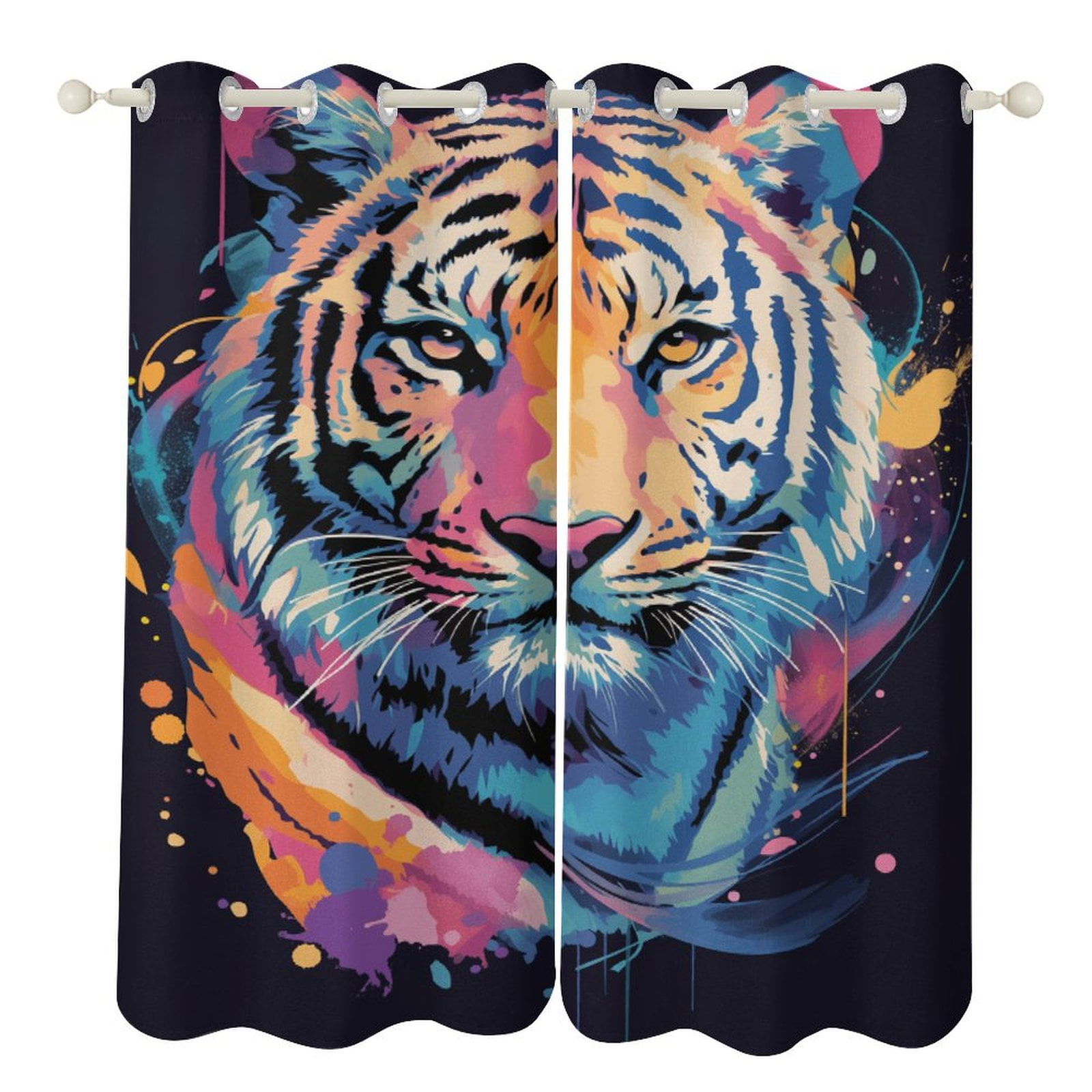 Tiger Animal Graffiti 2 Panel Curtain Set, Watercolor Painting Window ...