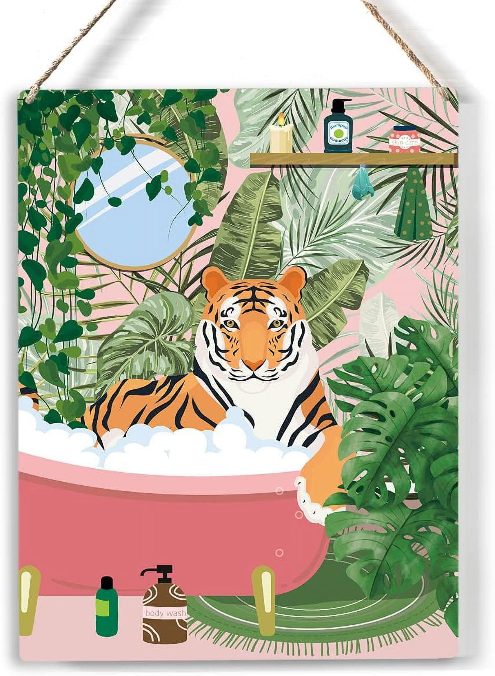Tiger in Bathtub Wood Sign Jungle Animal Bathroom Wooden Signs Rustic ...