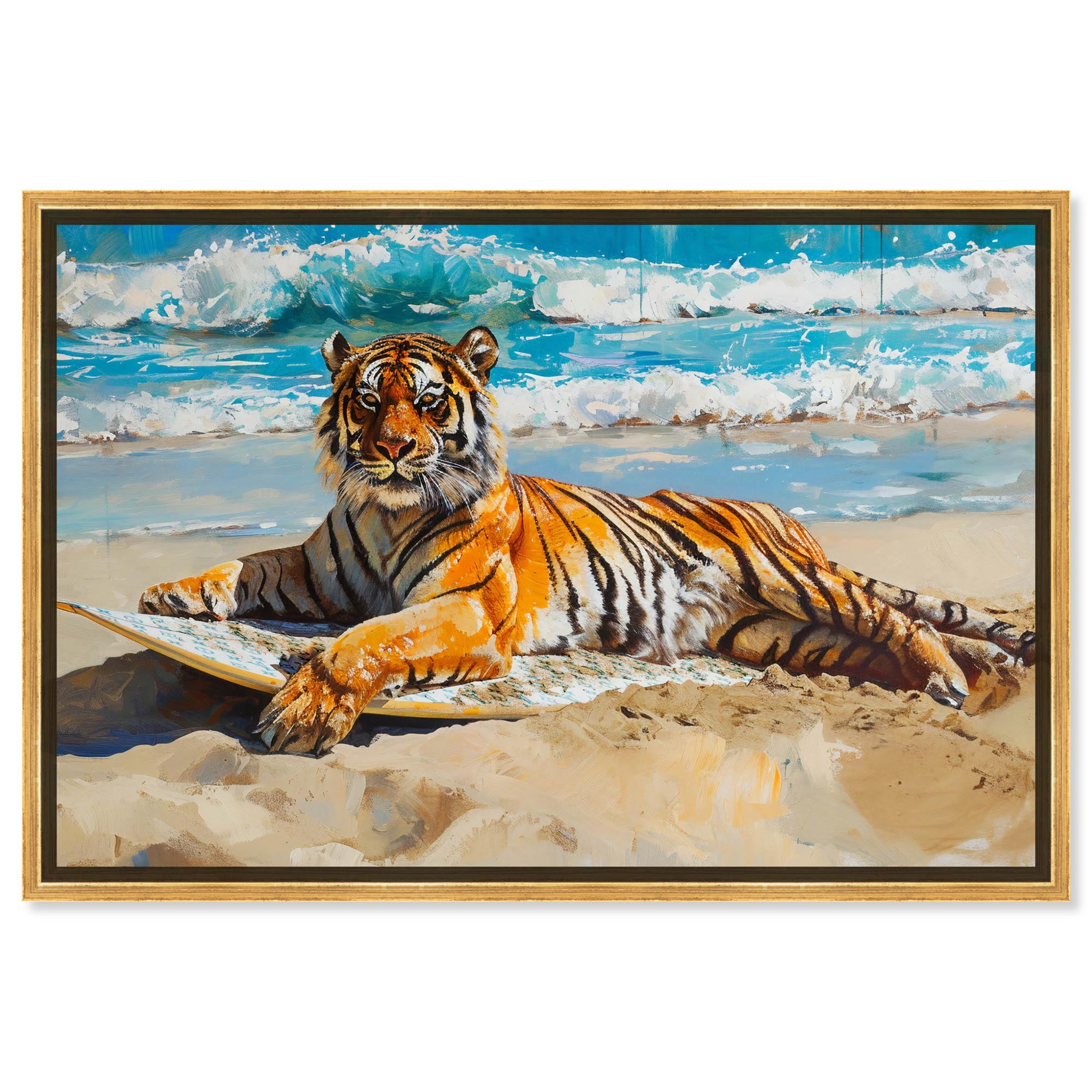 Tiger Beach Surfer Canvas Glam Beach Wall Art by Art Remedy, Gold Frame ...