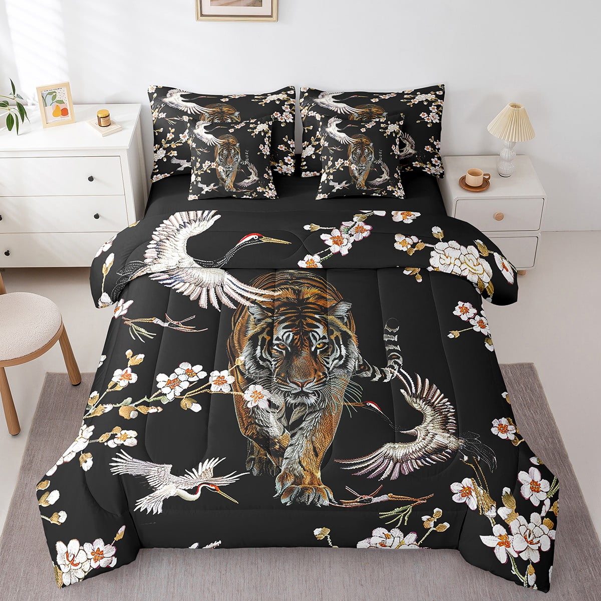 Tiger Bed in a Bag Twin 7 Pieces,Japanese Style Crane Cherry Flower ...