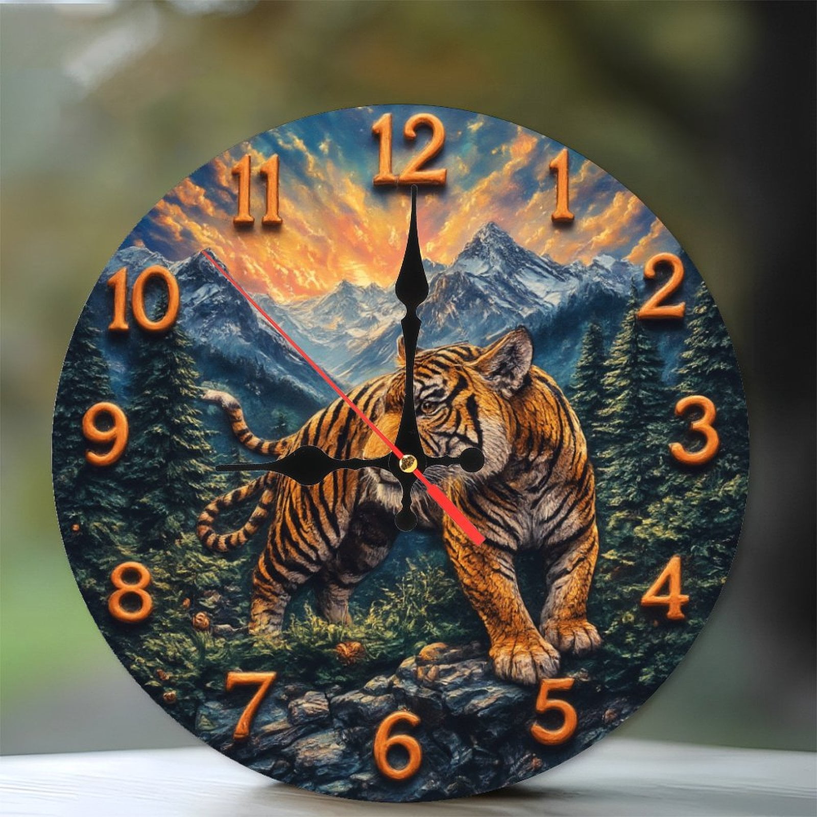 Tiger Clock Wall Art Mountain Sunset Decor 10-Inch Silent Wooden Wall ...