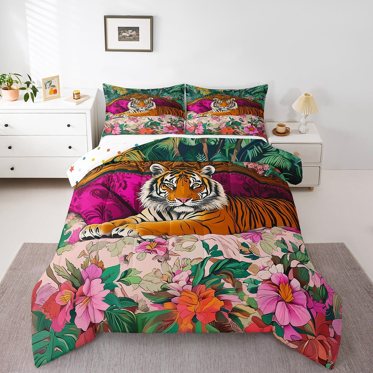 Tiger Comforter Set Woodland Animal Full Bedding Set Boho Botanical ...