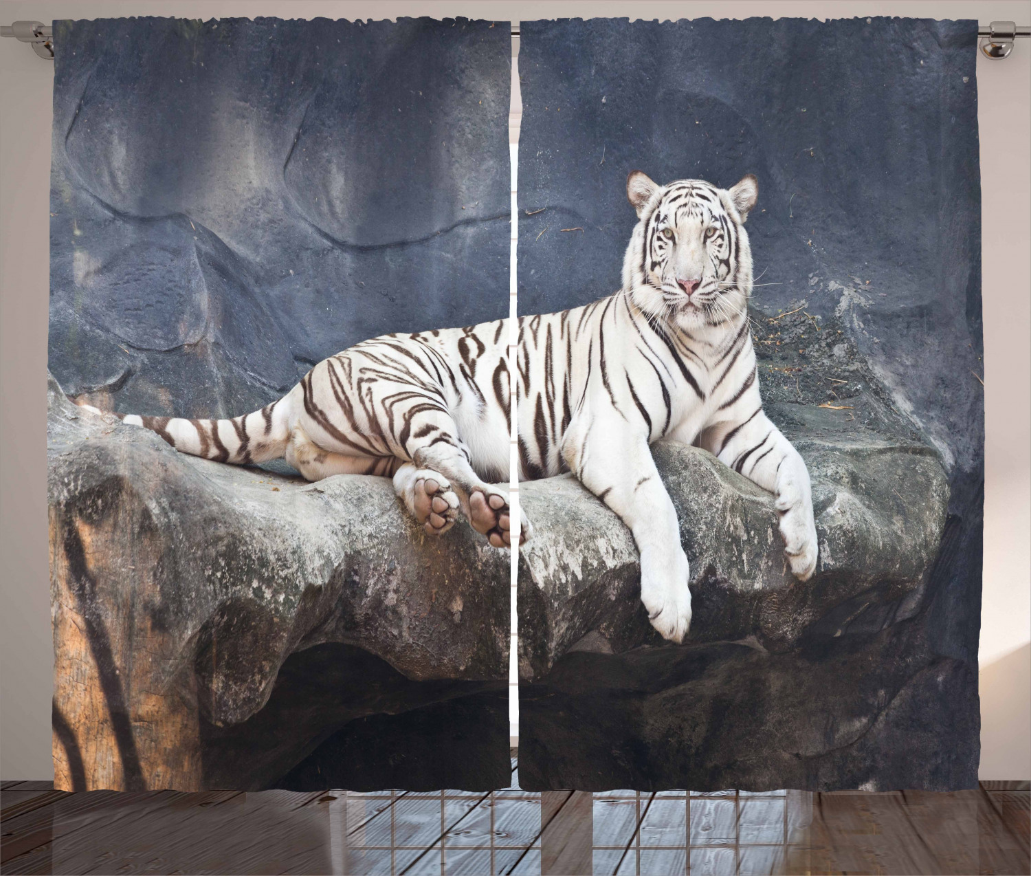 Ambesonne Tiger Curtains 2 Panel Set, Wildlife Cat on the Rock, 108" x ...