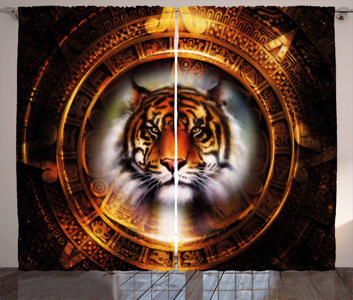 Ambesonne Tiger Curtains 2 Panel Set, Mayan Calender, 108" x 63", Dark ...