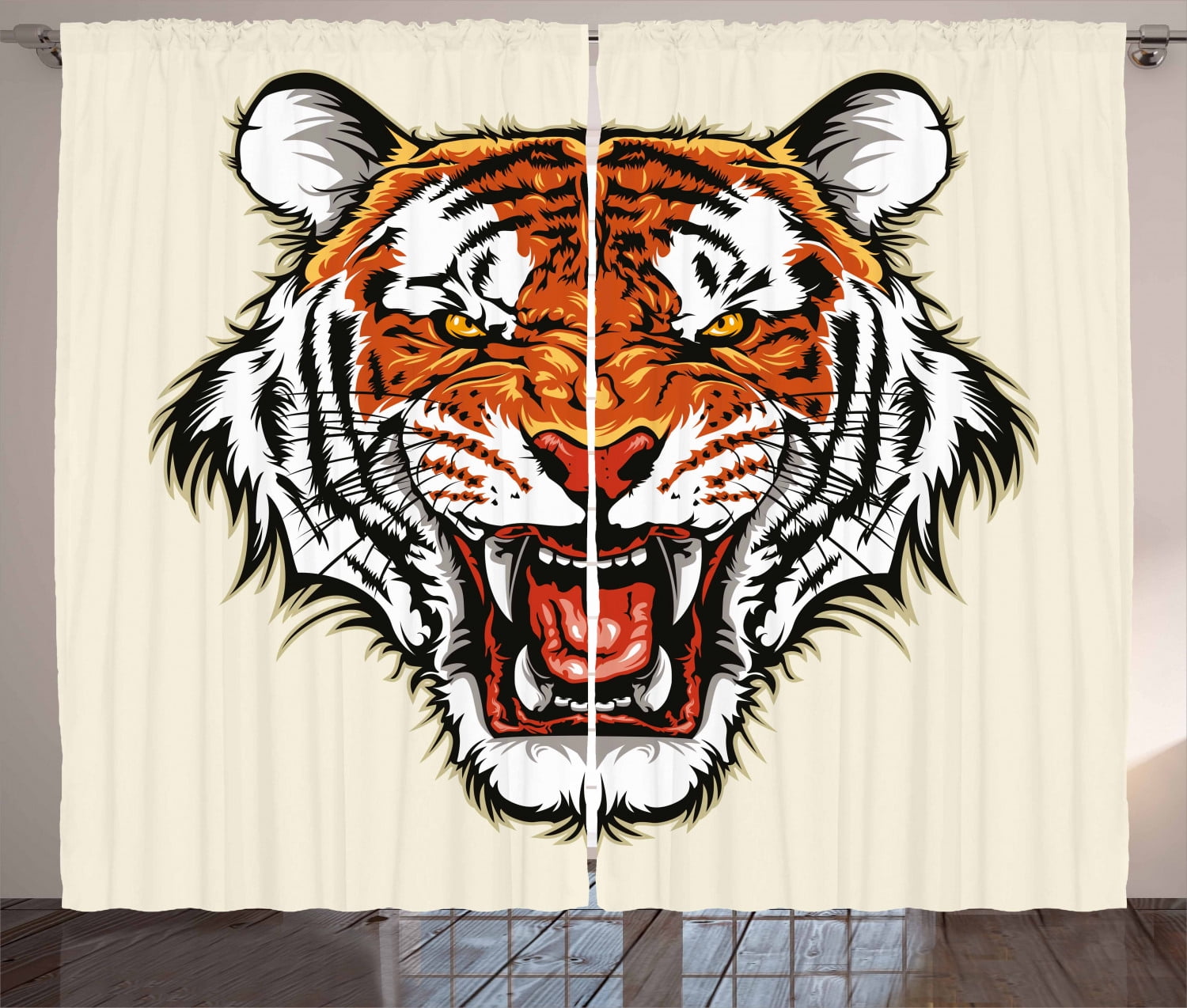 Ambesonne Tiger Curtains 2 Panel Set, Ready to Attack in Jungle, 108" x ...