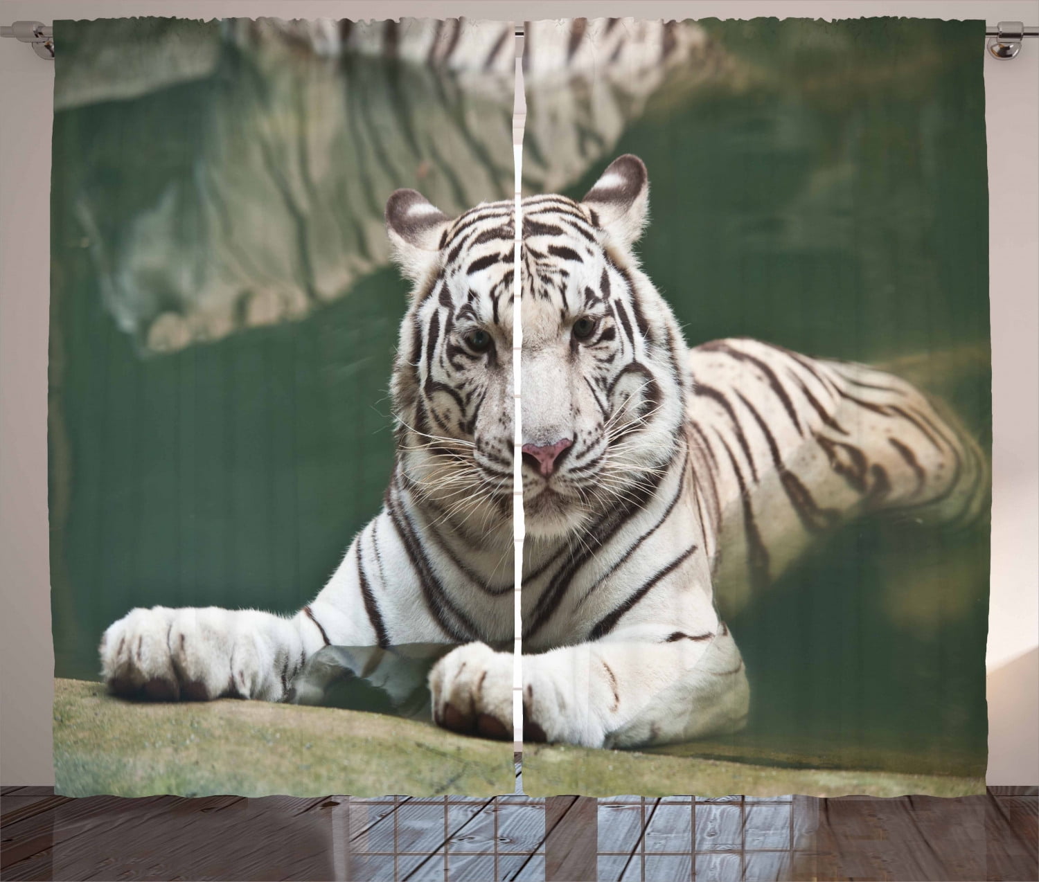 Ambesonne Tiger Curtains 2 Panel Set, White Tiger Swimming Fun, 108" x ...