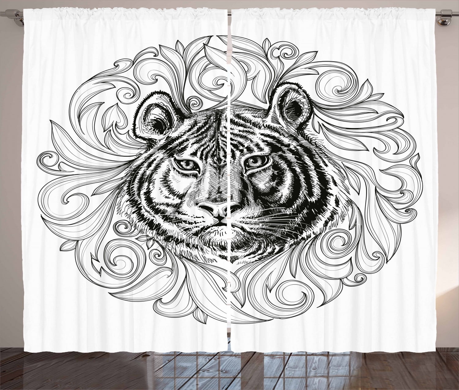 Ambesonne Tiger Curtains 2 Panel Set, Monochrome Feline Leaves, 108" x ...