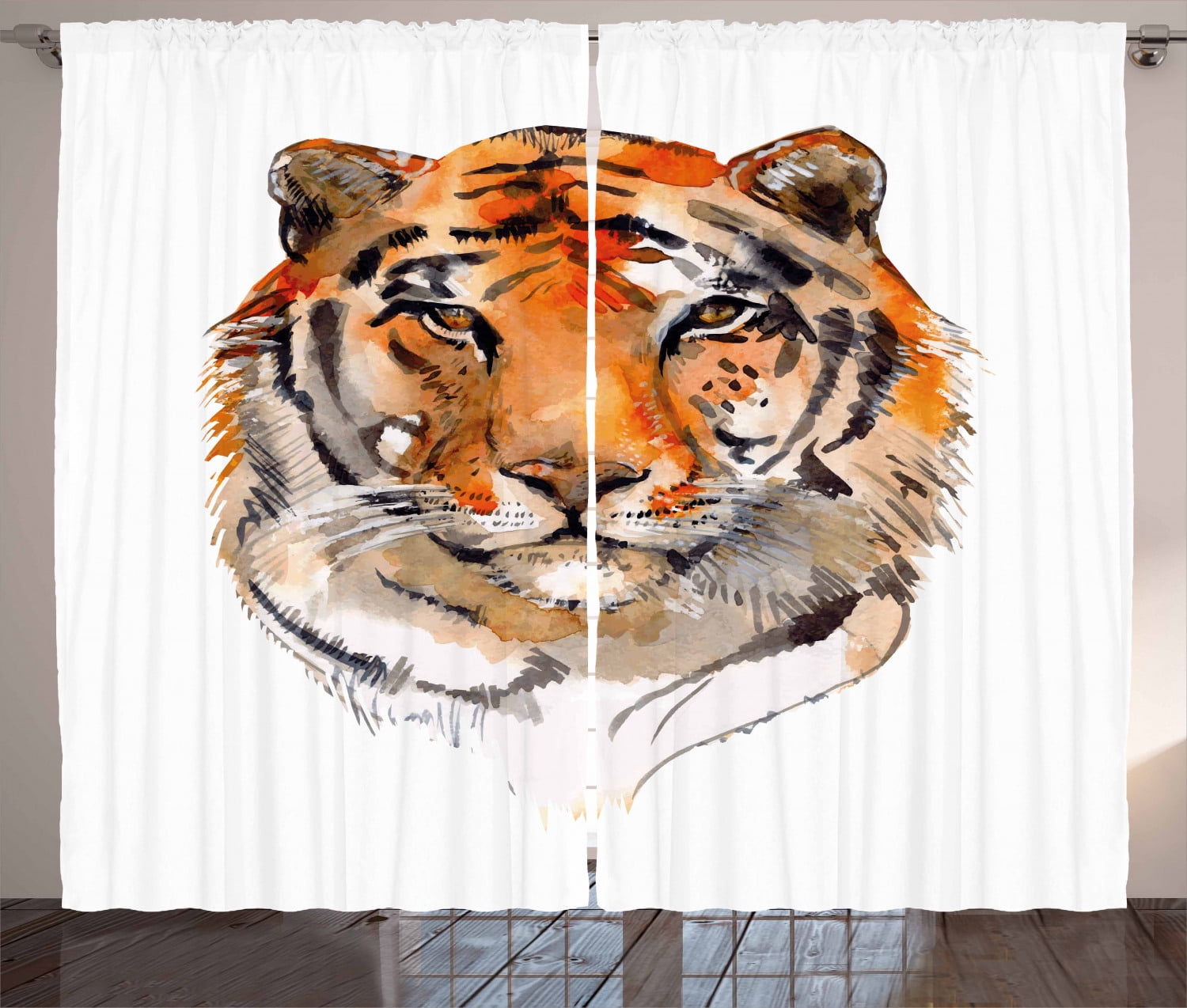 Ambesonne Tiger Curtains 2 Panel Set, Calm Stare Watercolor Art, 108" x ...
