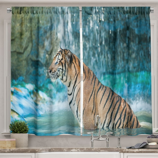 Tiger Curtains 2 Panels Set, Feline Beast in Pond Searching for Prey ...