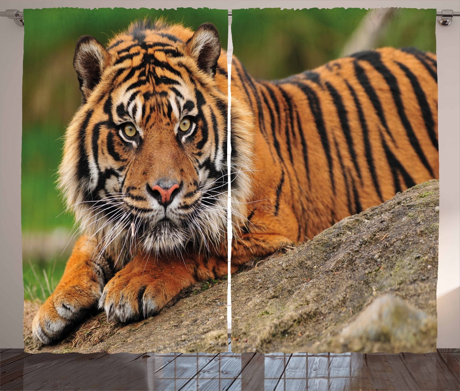 Ambesonne Tiger Curtains 2 Panel Set, Tiger Crouching on Rock, 108" x ...