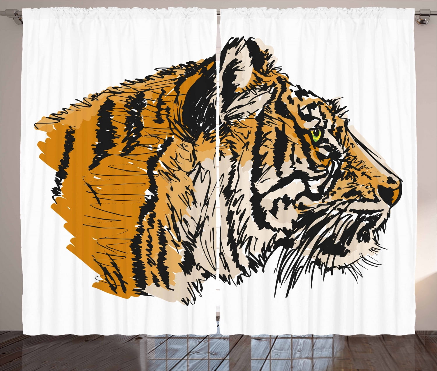 Ambesonne Tiger Curtains 2 Panel Set, Sketch Bengal Carnivore, 108" x ...