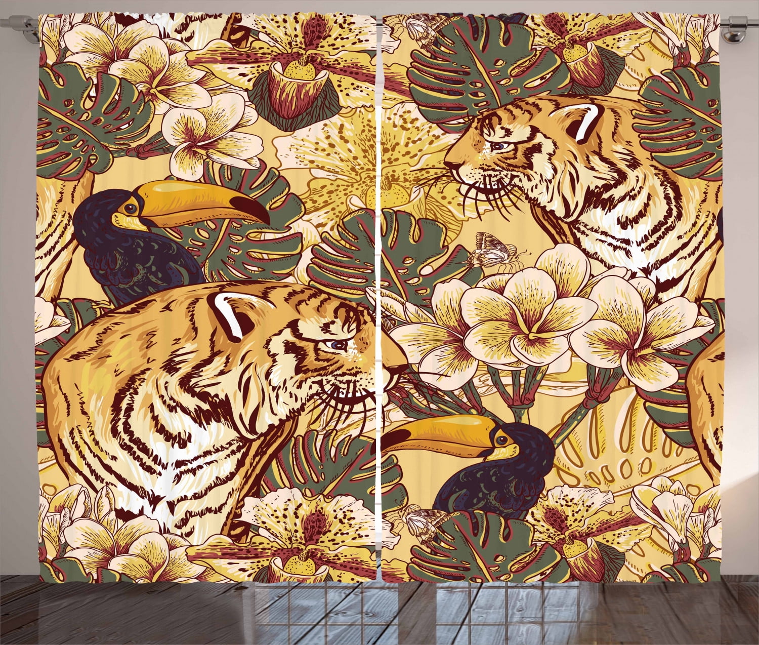Ambesonne Tiger Curtains 2 Panel Set, Tropical Bengal Toucan, 108" x 96 ...