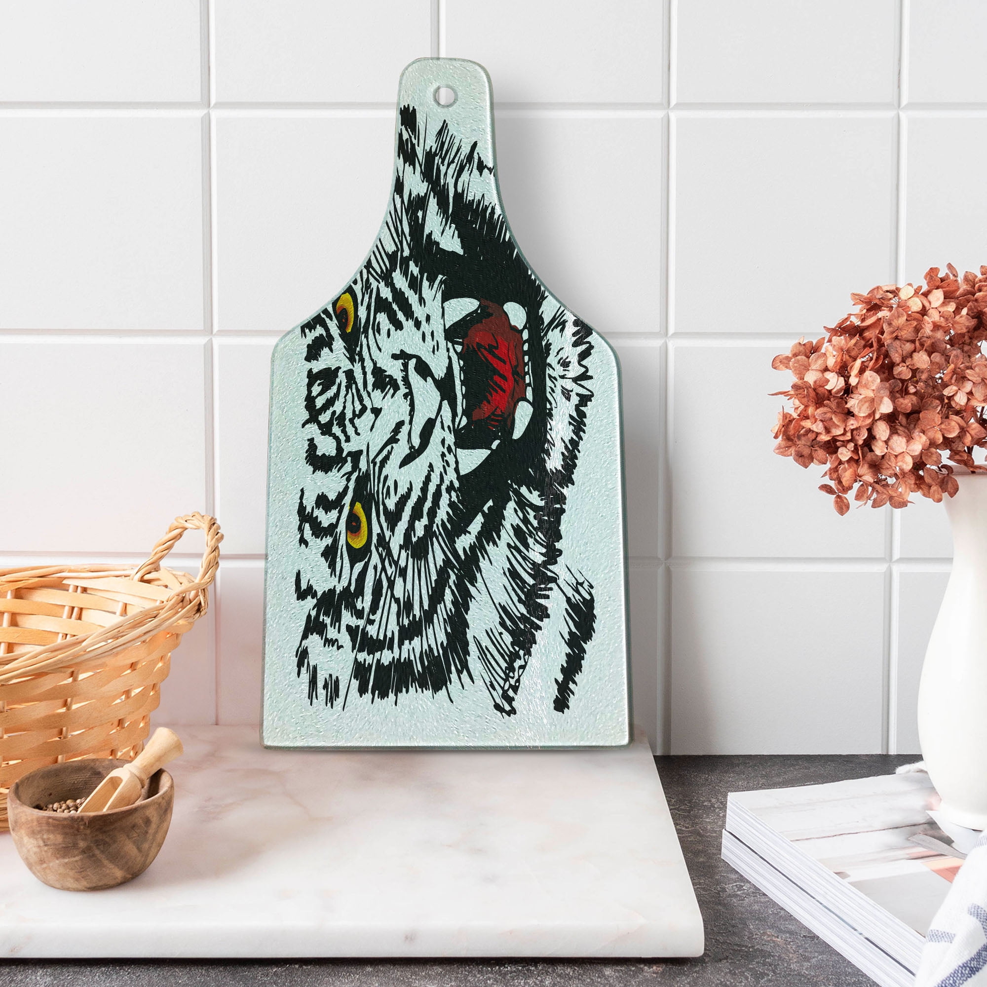 Tiger Cutting Board, Angry Feline with Black and White Pattern ...