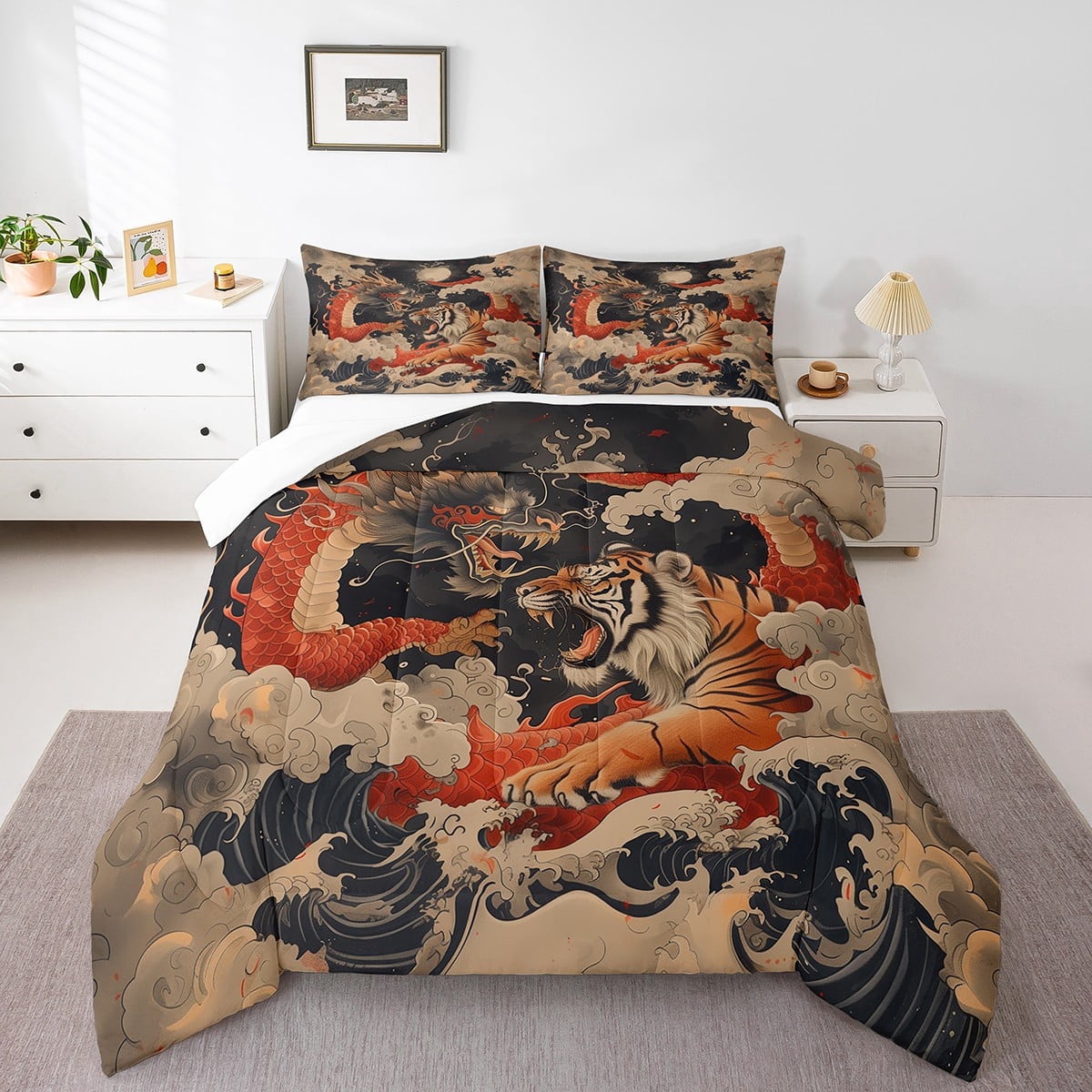 Tiger and Dragon Bedding Set,Marine Ocean Waves Comforter Set,Vintage ...