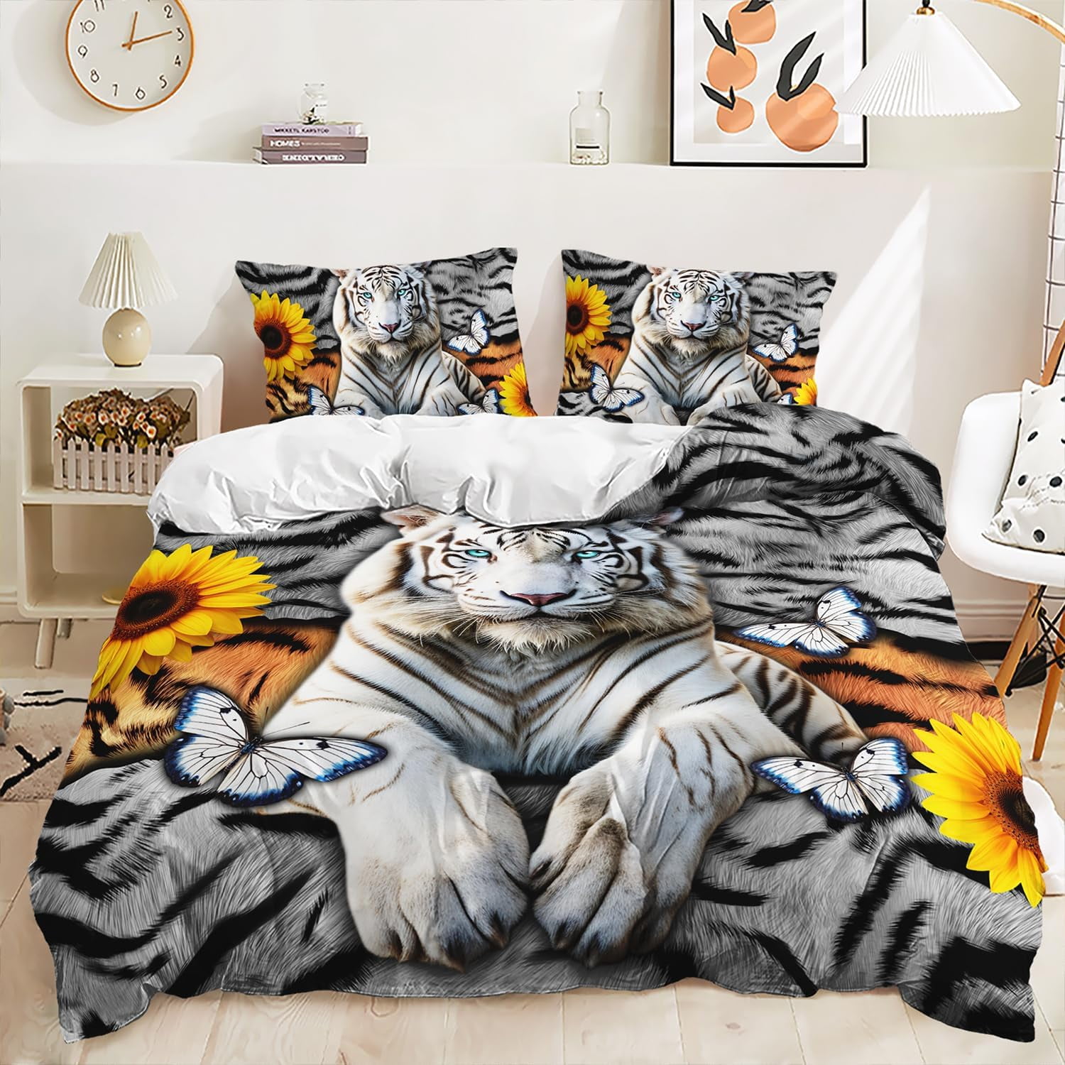 Tiger Duvet Cover Set,3 Pieces White Tiger Fur Printed Bedding Set ...