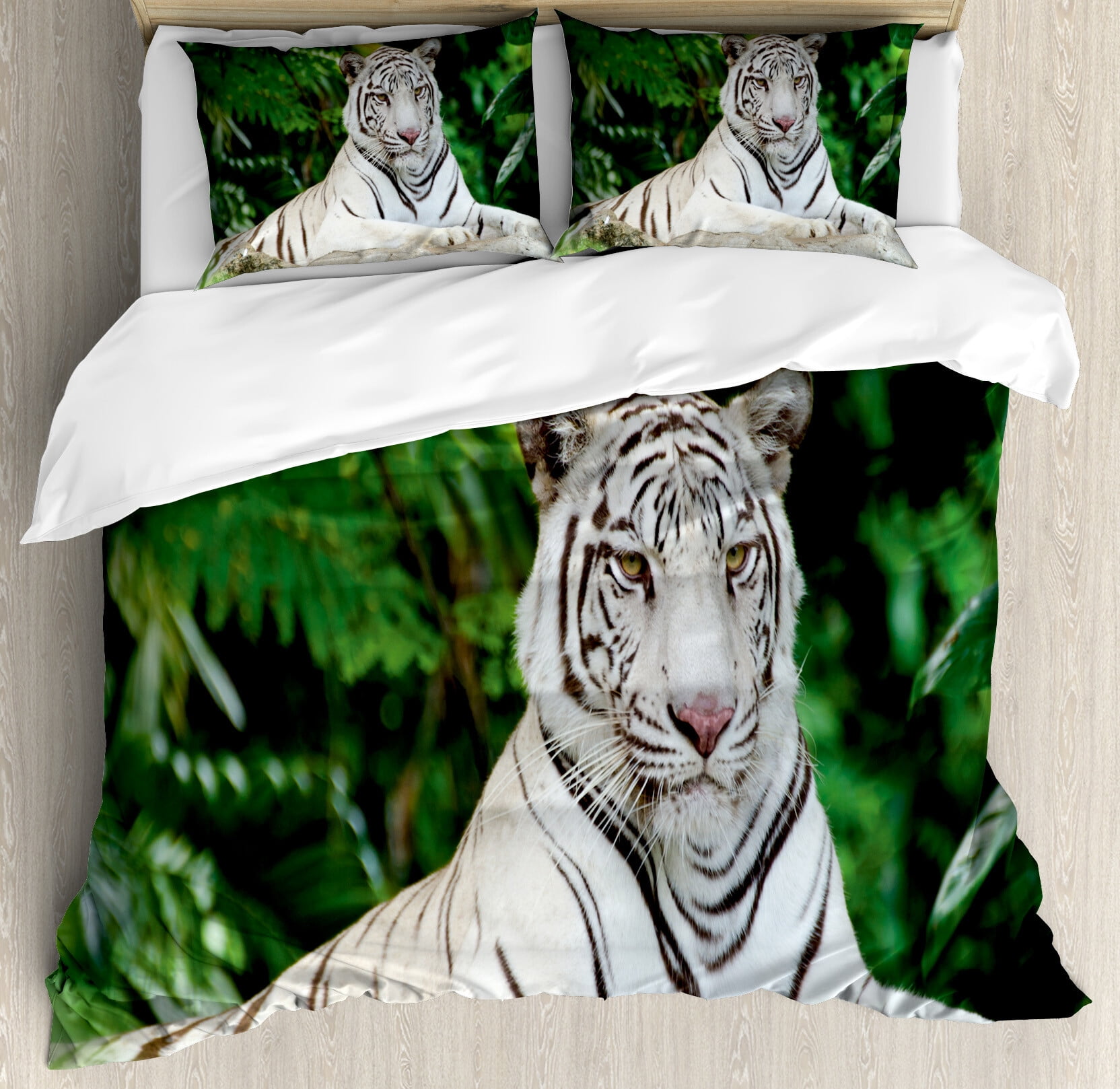 Tiger Duvet Cover Set, Albino Bengal Cat Sitting on a Rock in Forest ...