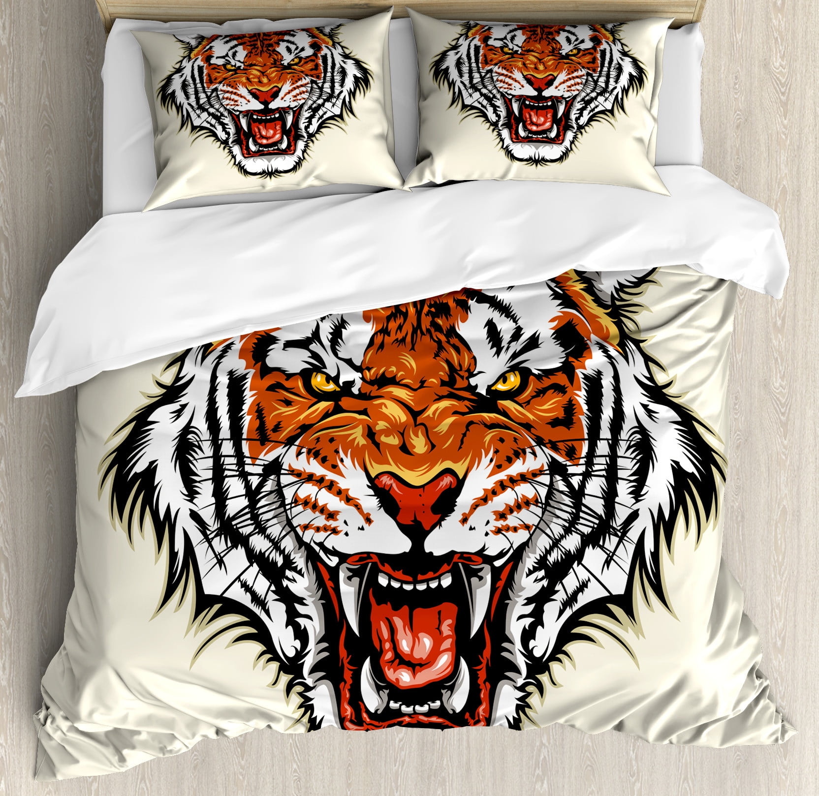 Tiger Duvet Cover Set, Angry Ready to Attack Beast with Sharp Fangs ...