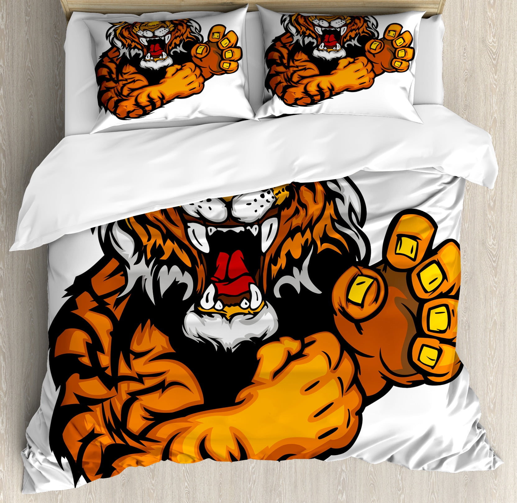 Tiger Duvet Cover Set, Cartoon Styled Very Angry Muscular Large Feline ...