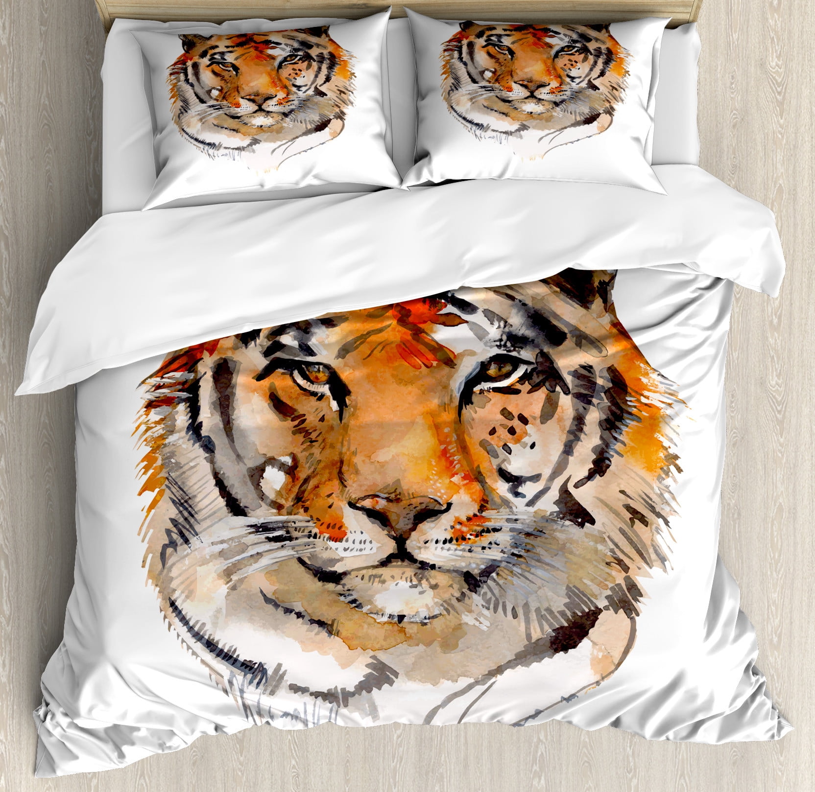 Tiger Duvet Cover Set, Feline Animal with Calming Stare Hand Drawn ...