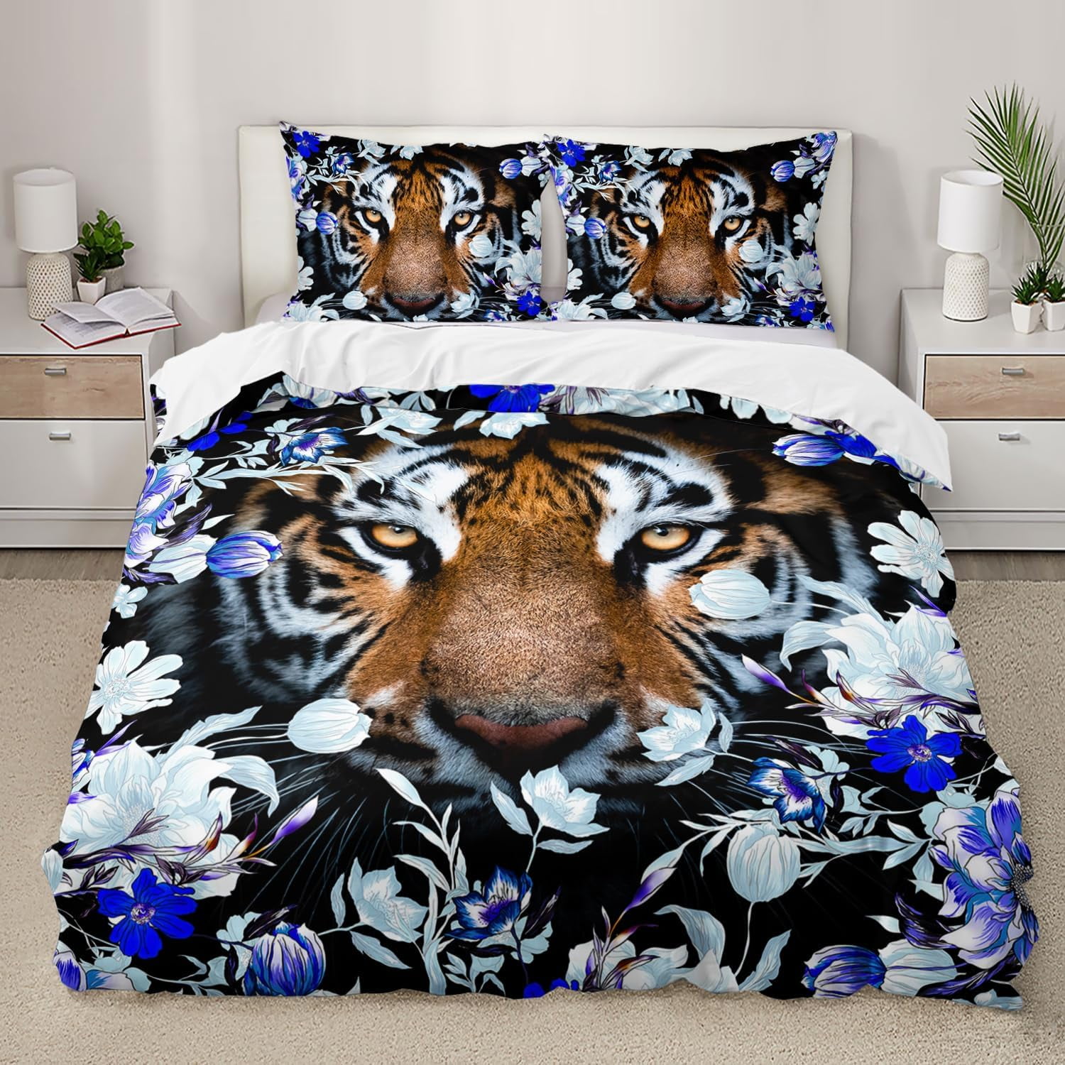 Tiger Duvet Cover Set, Wild Animals Tiger Themed Bedding Set,Blue ...