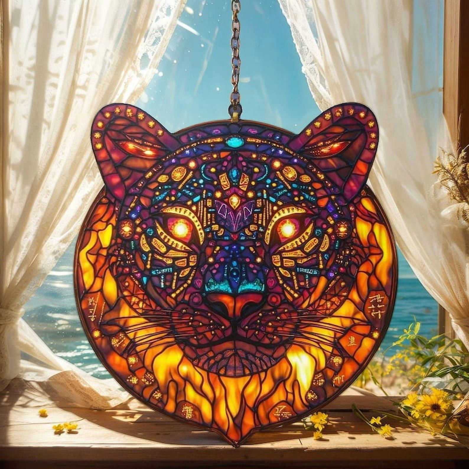 Tiger Face Acrylic Suncatcher Faux Stained Glass Window Hanging, Jungle ...