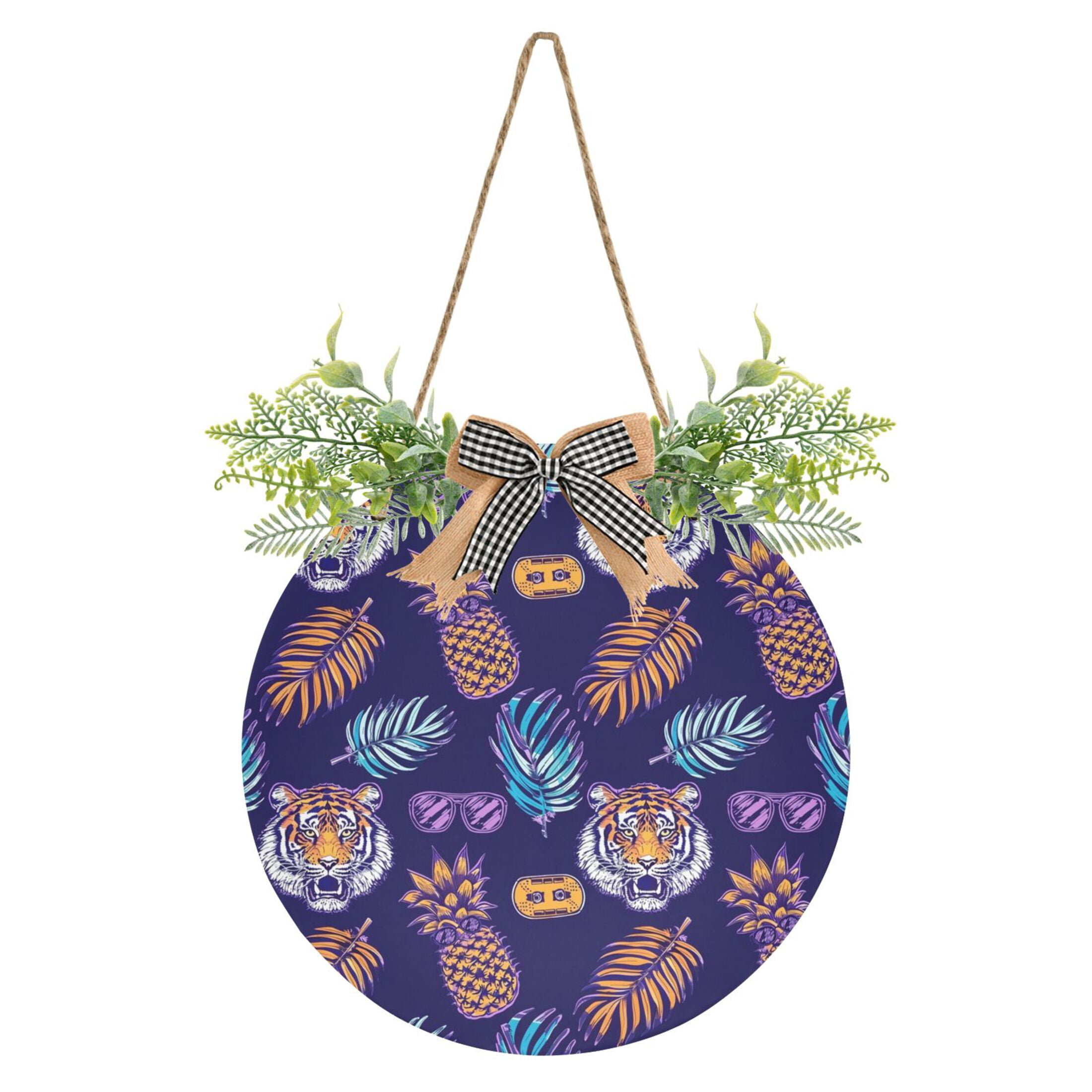 Tiger Face and Pineapple Welcome Front Door Sign Round 12 inch Porch ...