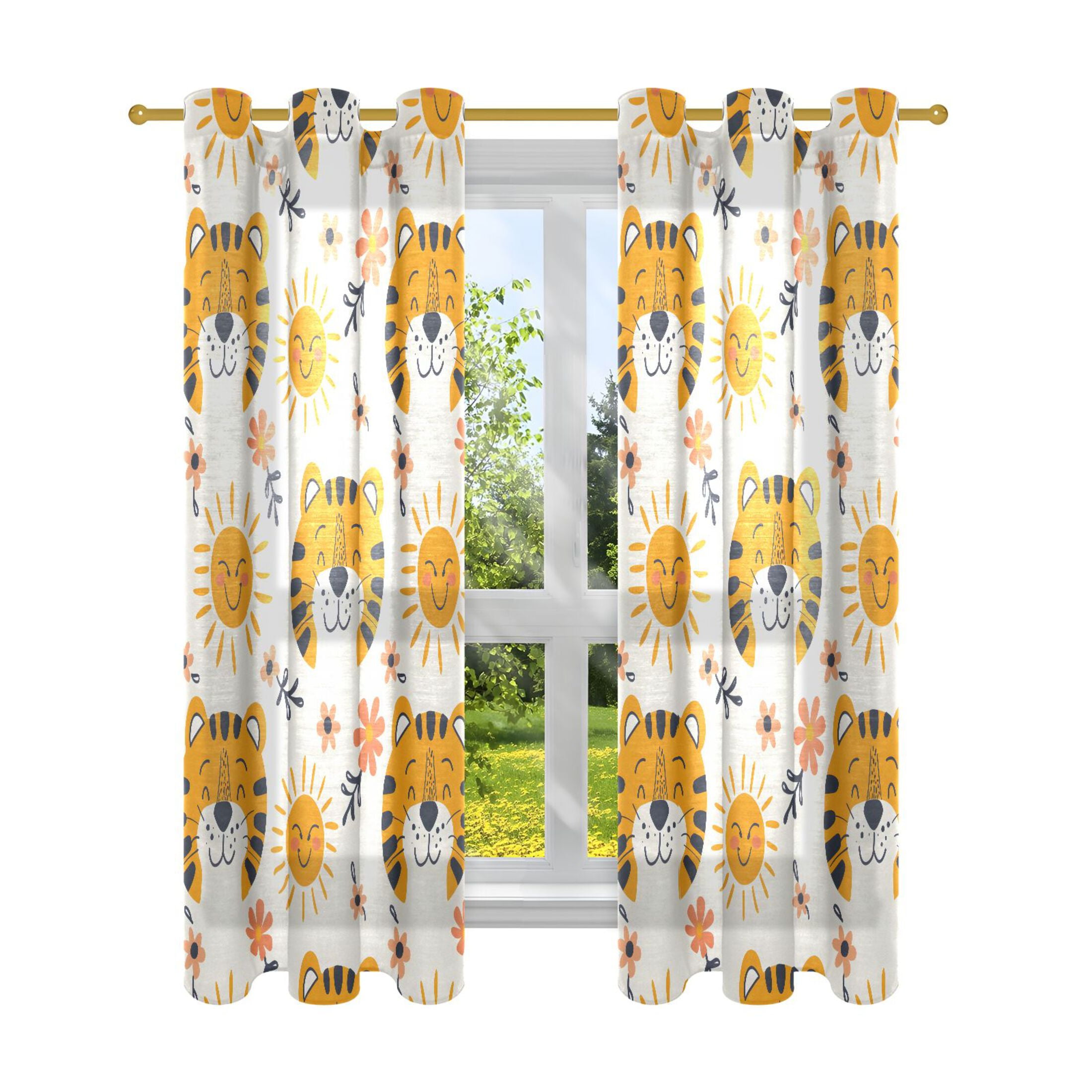 Tiger Face and Sun Sheer Curtains 2 Panels Set Grommet Drapes for ...