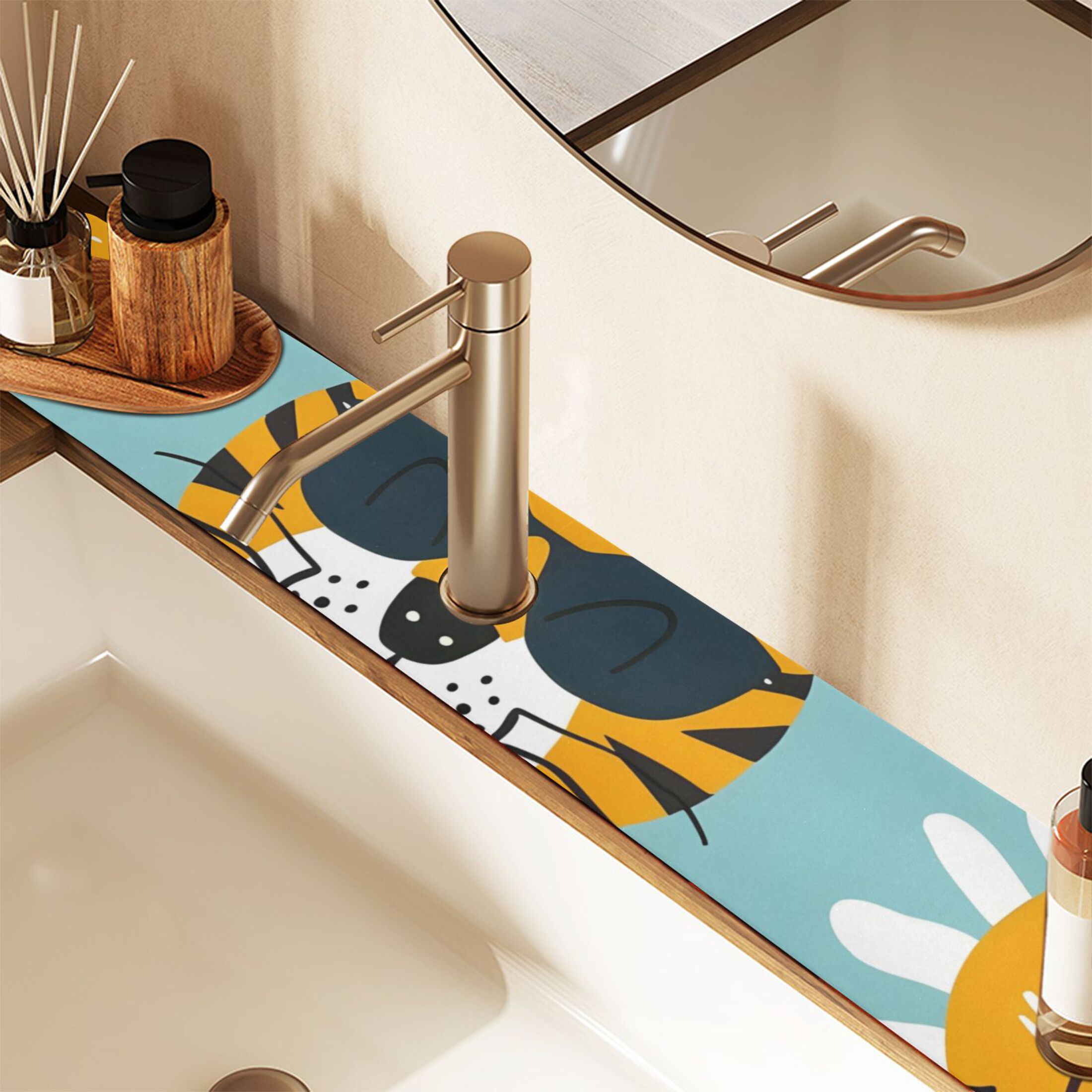 Tiger Face with Sunglasses Sink Splash Guard Faucet Drying Mat 30"x5.4 ...