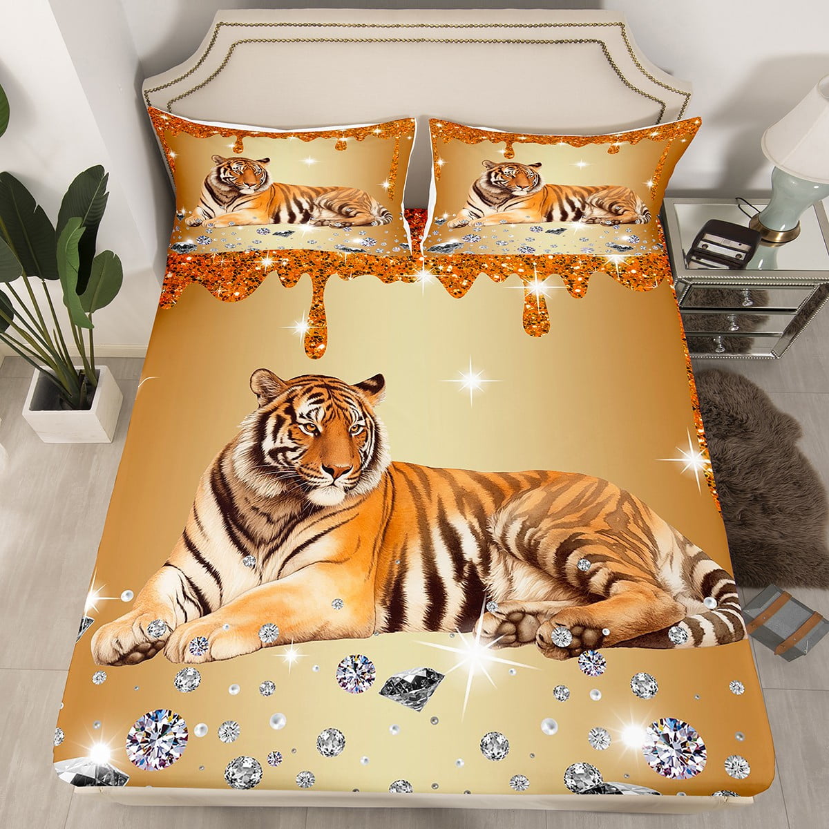 Tiger Fitted Sheet Orange Sequin Fluid Art Bed Sheets Full,Crystal ...