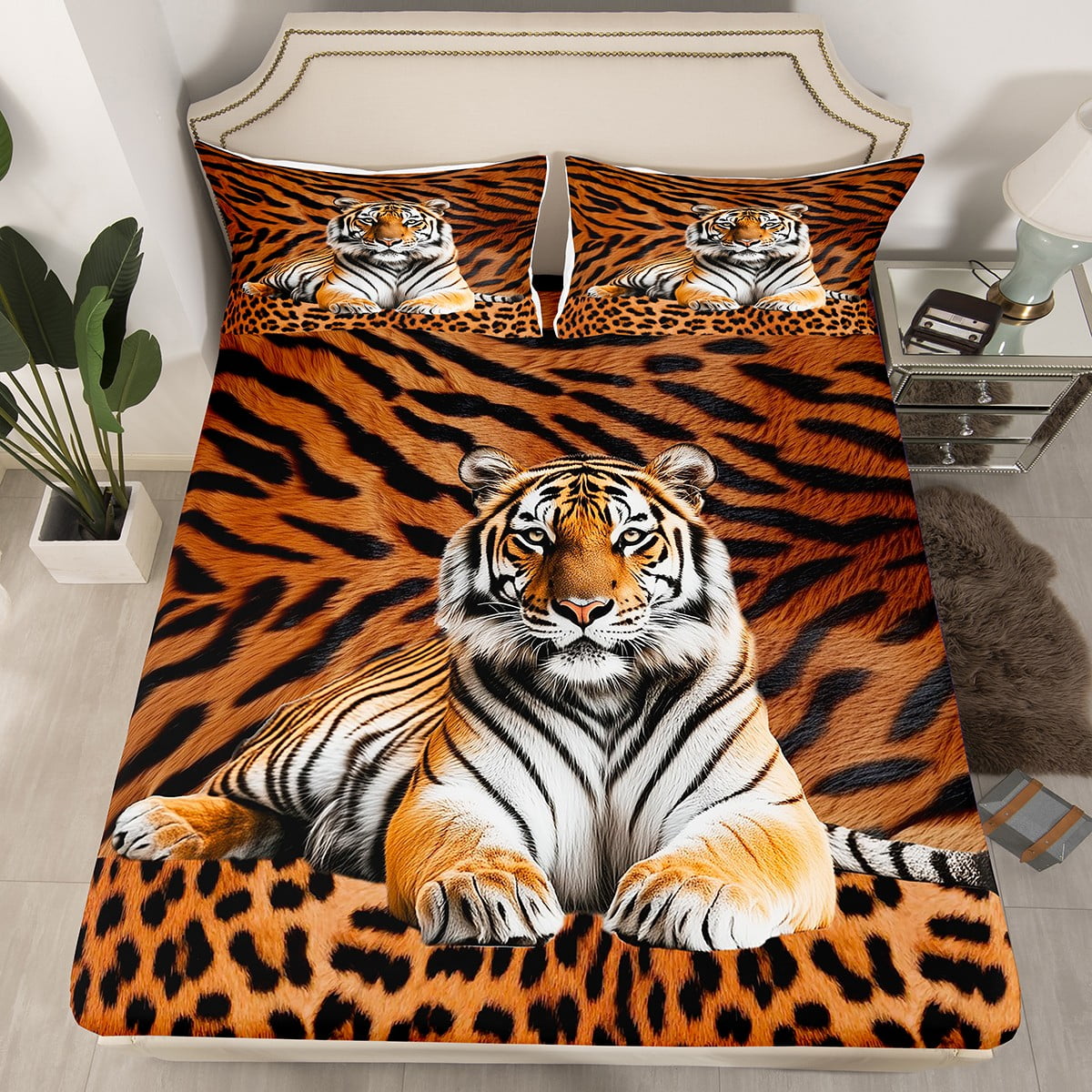 Tiger Fitted Sheet Twin,Tiger Leopard Print Bed Sheets,Safair Animal ...