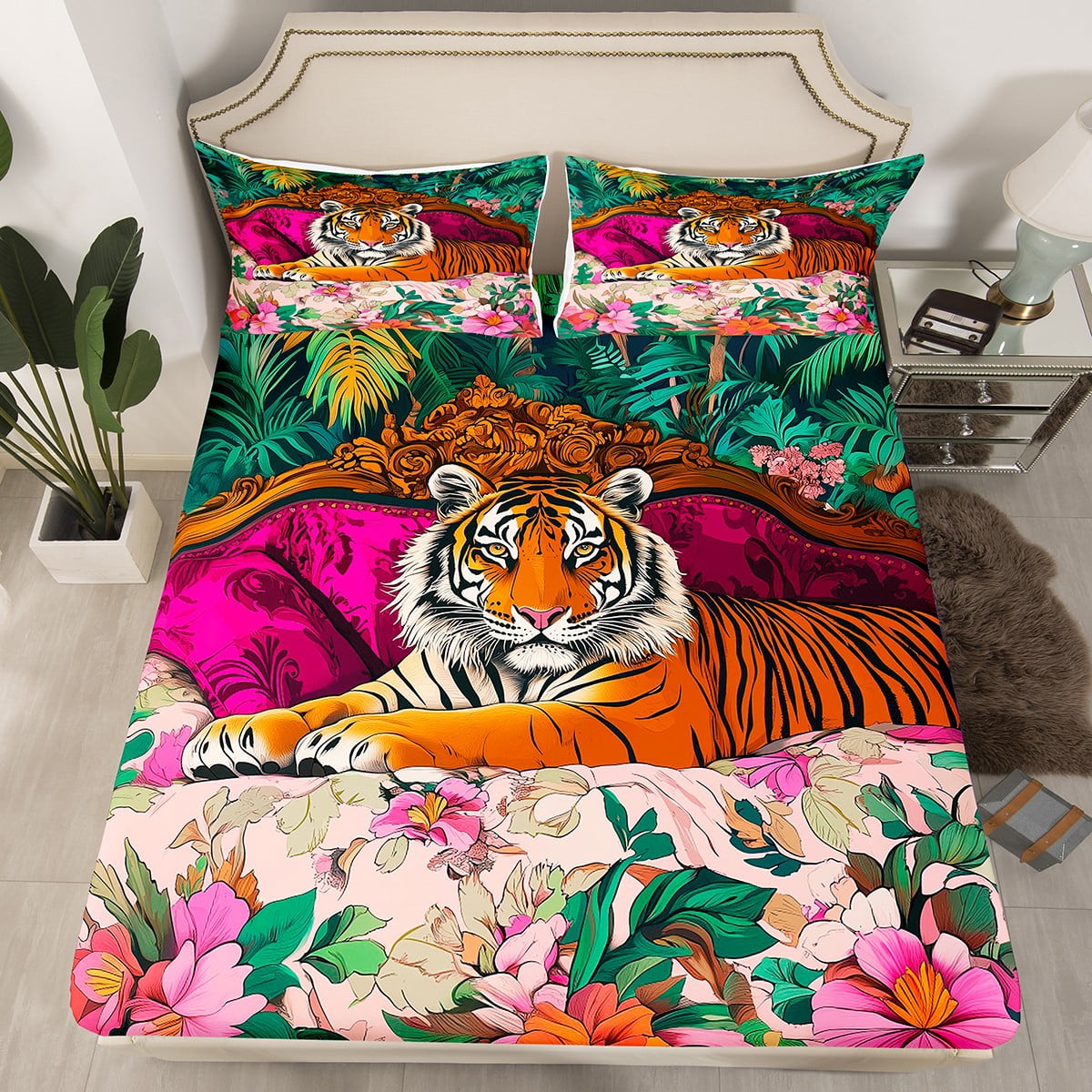 Tiger Fitted Sheet Woodland Animal Twin Bedding Set Boho Botanical ...