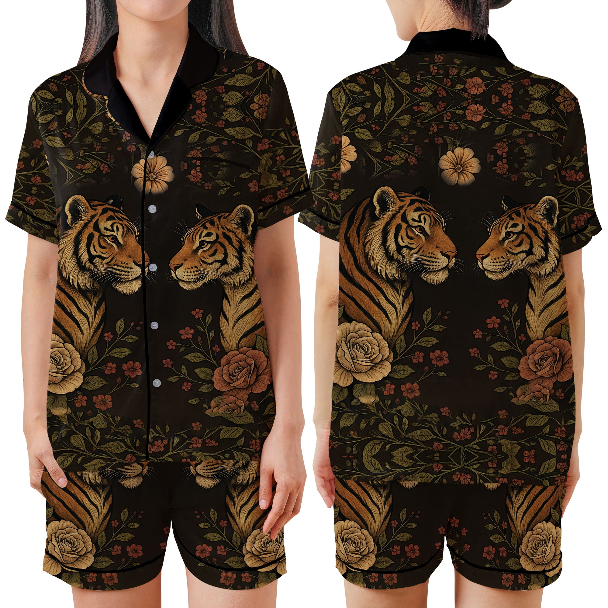 Tiger Floral Satin Pajama Set – Vintage Botanical Print Sleepwear ...