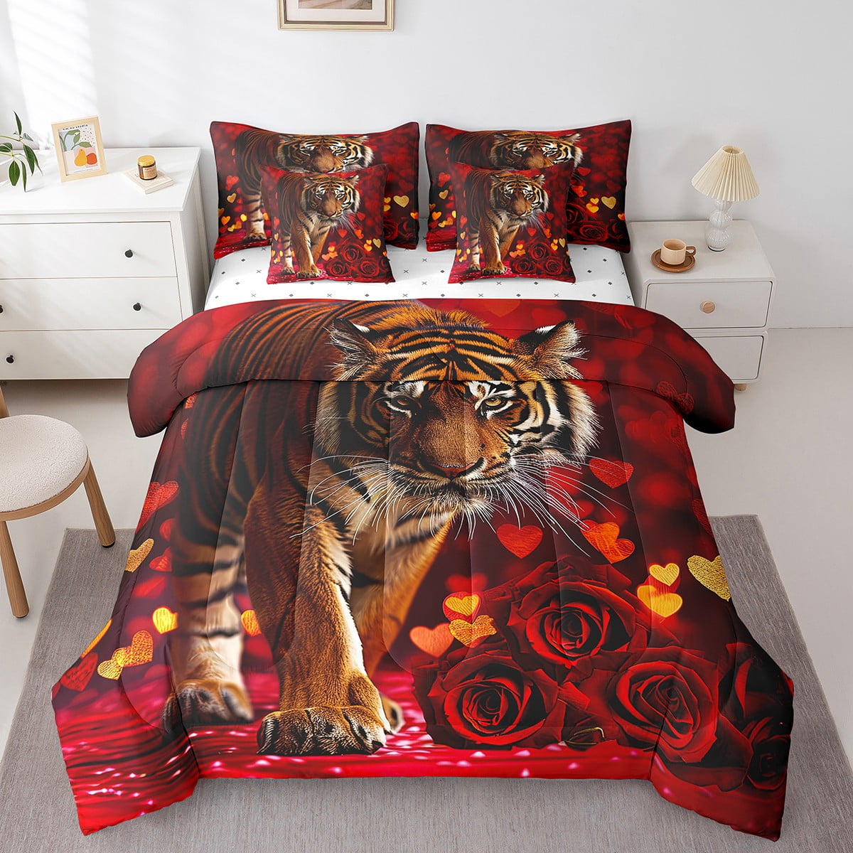 Tiger Full Size Comforter Set with Sheets Romantic Rose Flower - 7 ...