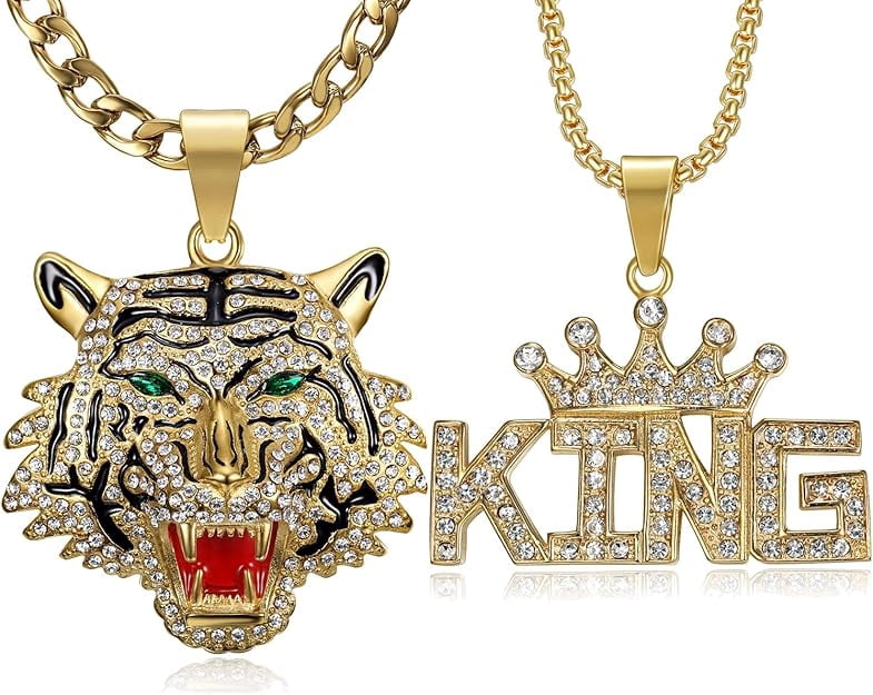 Tiger with Green Eyes Red Tongue King Crown Pendants Stainless Steel ...