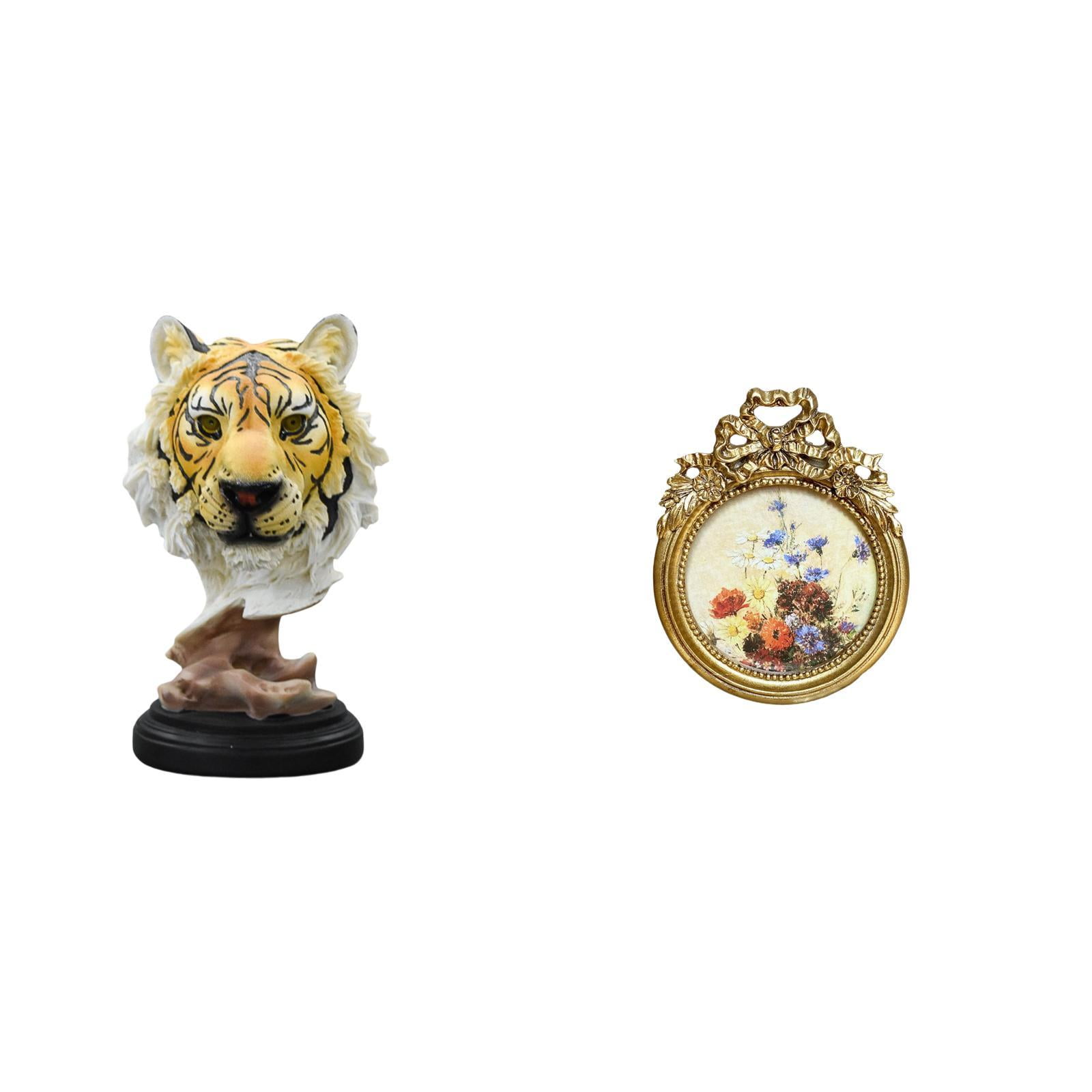 Tiger Head Sculpture Tabletop Statue Round Photo Frame Resin Material ...
