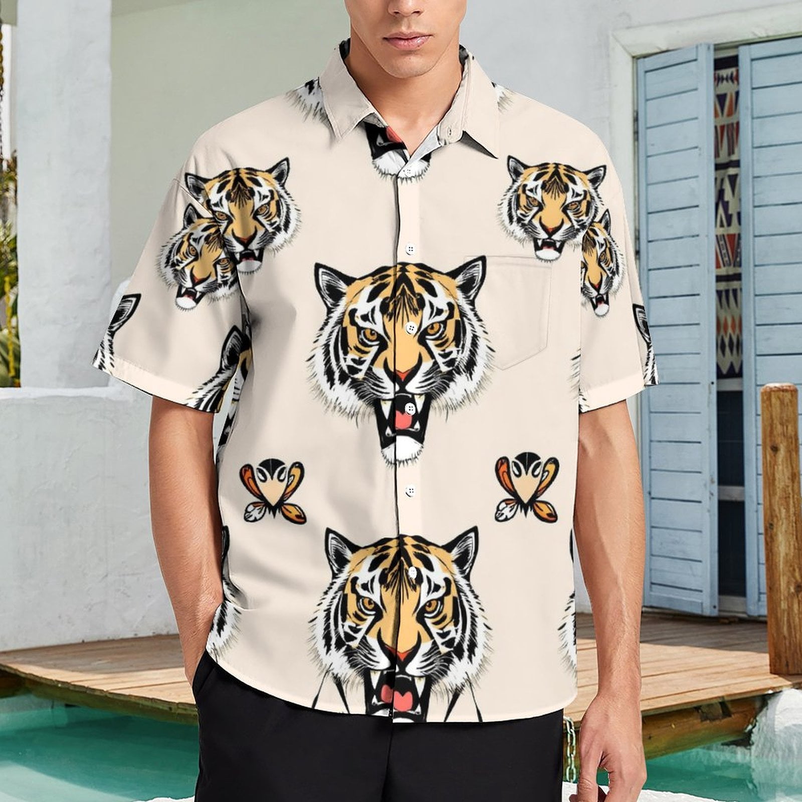Tiger Head Seamless Pattern Male Retro Print Casual Shirts Hawaiian ...
