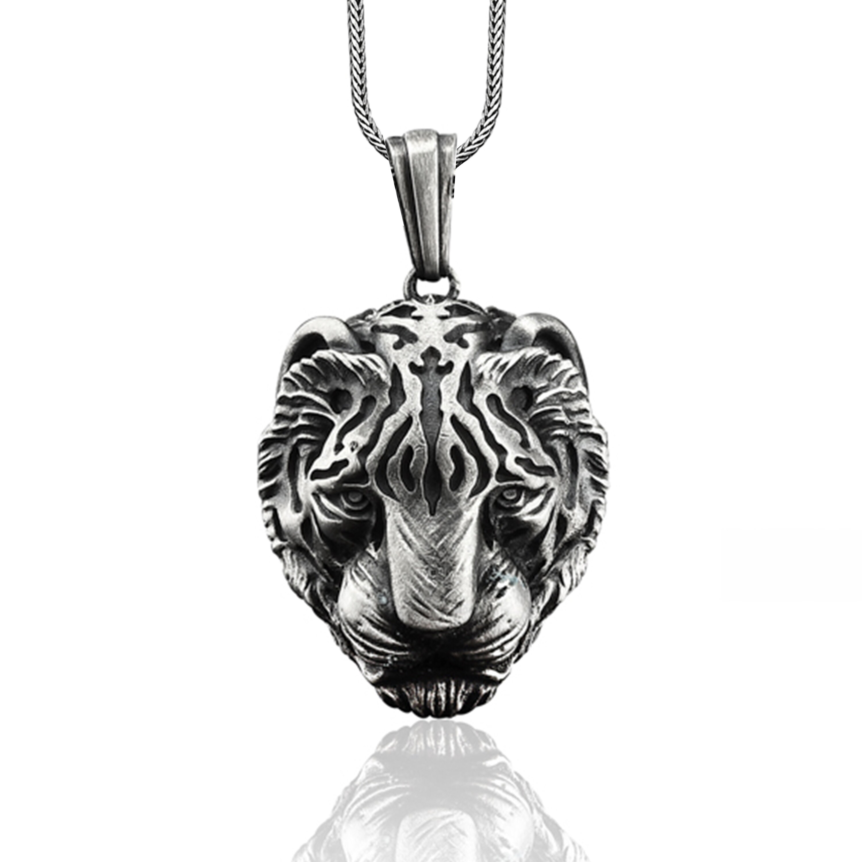 Tiger Head Silver Men Necklace, Angry Tiger Men Pendant, Wild Tiger ...