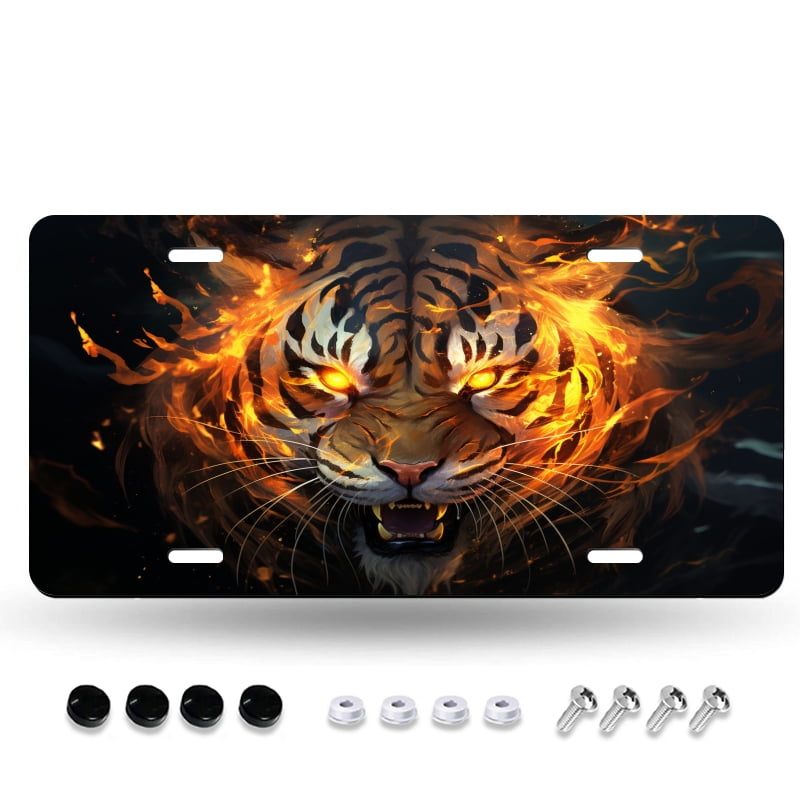 Tiger Head Surrounded By Flames License Plate Frame, Decorative Novelty ...