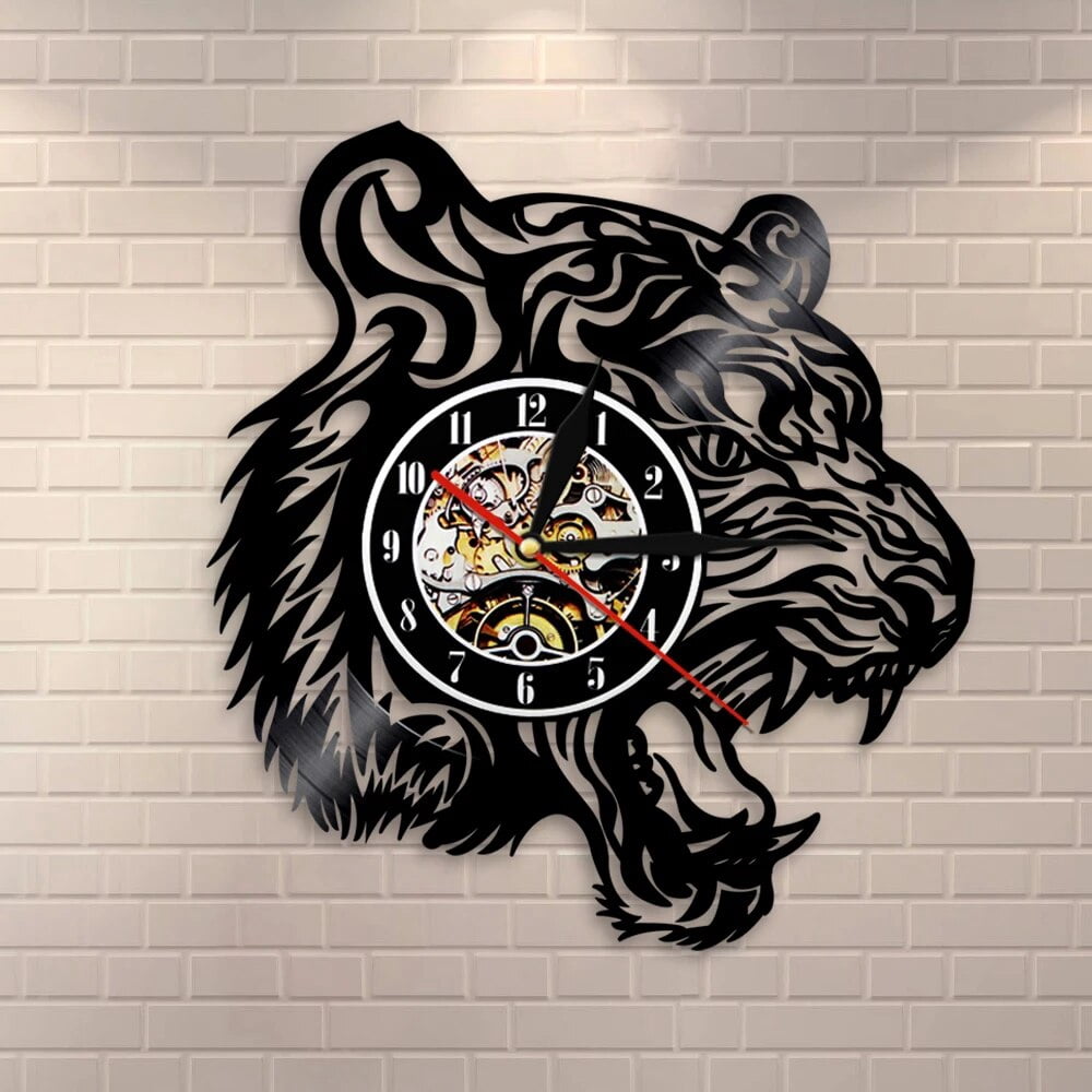 Tiger Head Vinyl Wall Clock,Vinyl Record Clock Wall Art Black Handmade ...