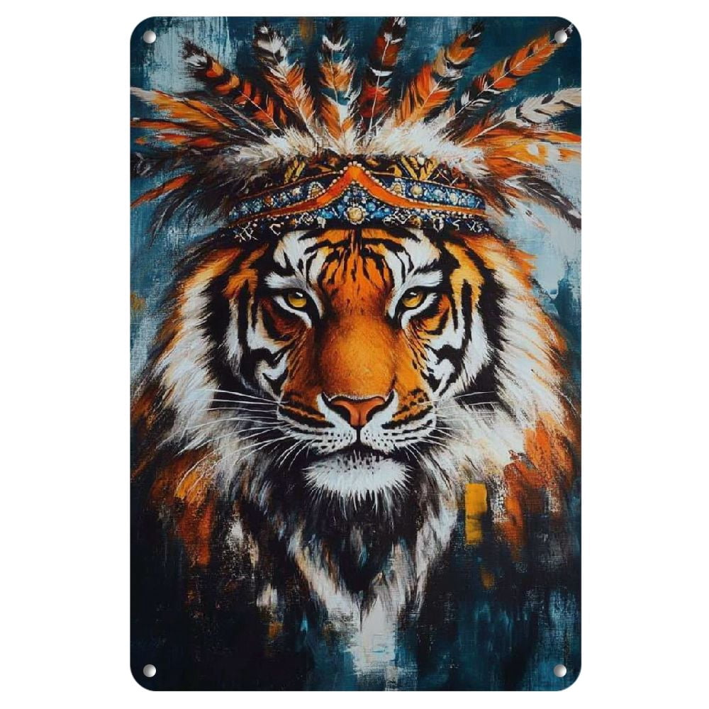 Tiger with Headdress Iron Sign (8x12 inch) - Tribal Tiger Art Wall ...