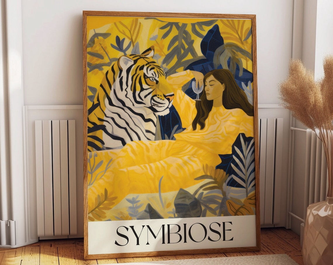Tiger And Lady Wall Poster - Symbiotic Wall Art Decor - Yellow Themed ...