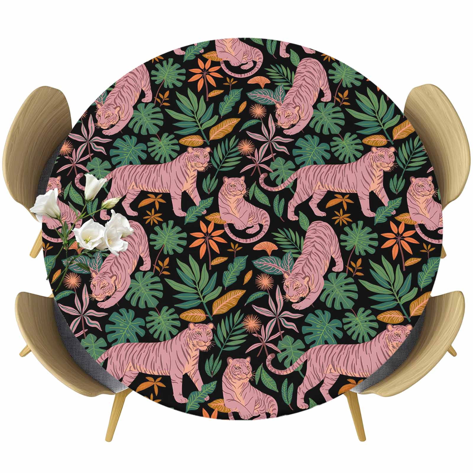 Tiger Leaves Round Tablecloth, Fitted Table Cover with Elastic for 36 ...