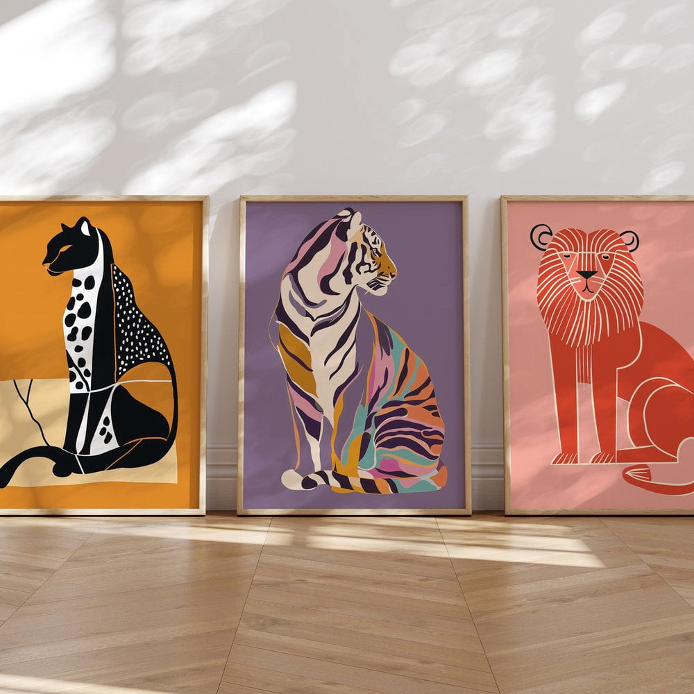 Tiger Leopard Lion Big Cats Preppy Dorm Maximalist Wall Art Print Set 3 ...