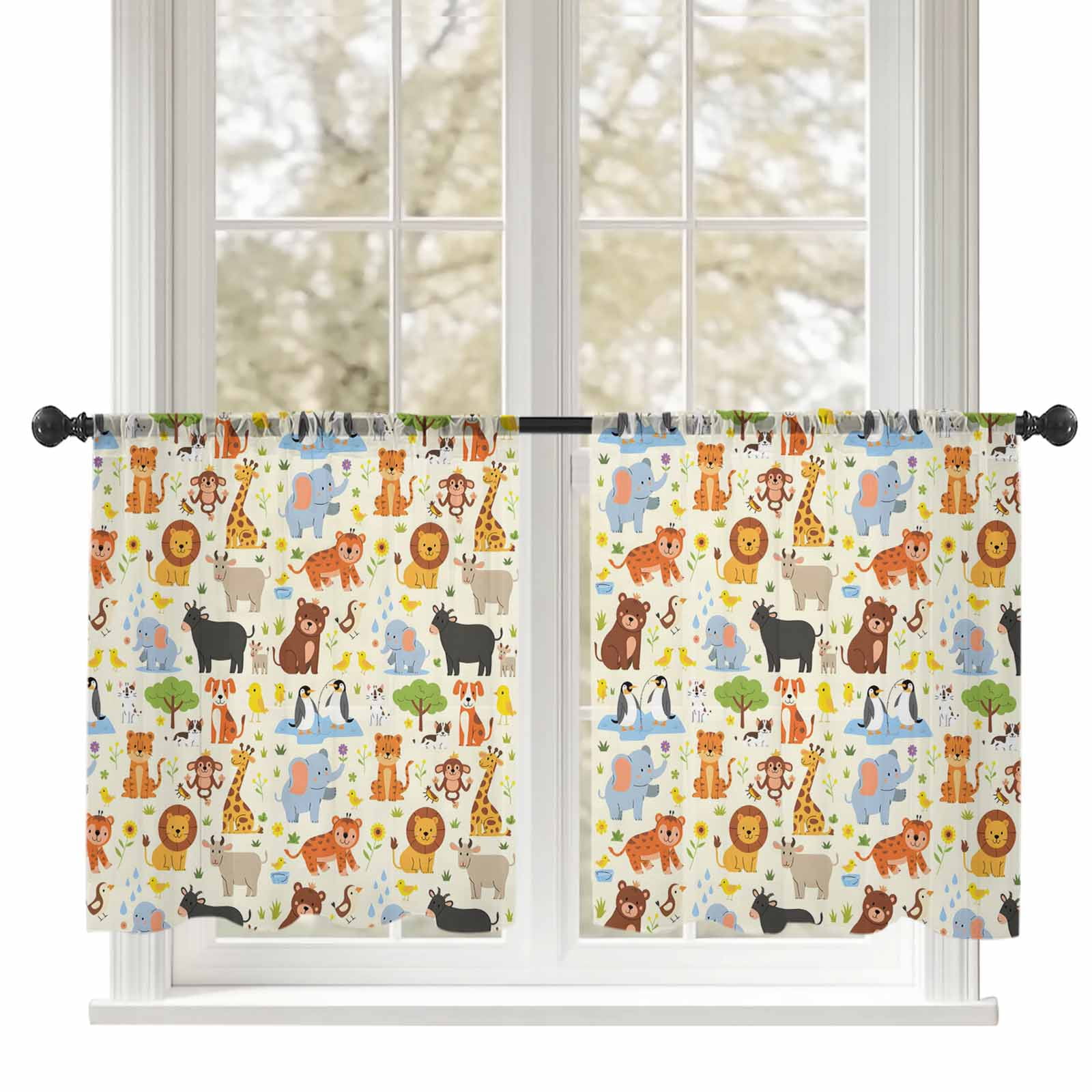 Tiger Lion Sheer Curtains 54 inches Long, Bird Cow Elephant Cartoon ...